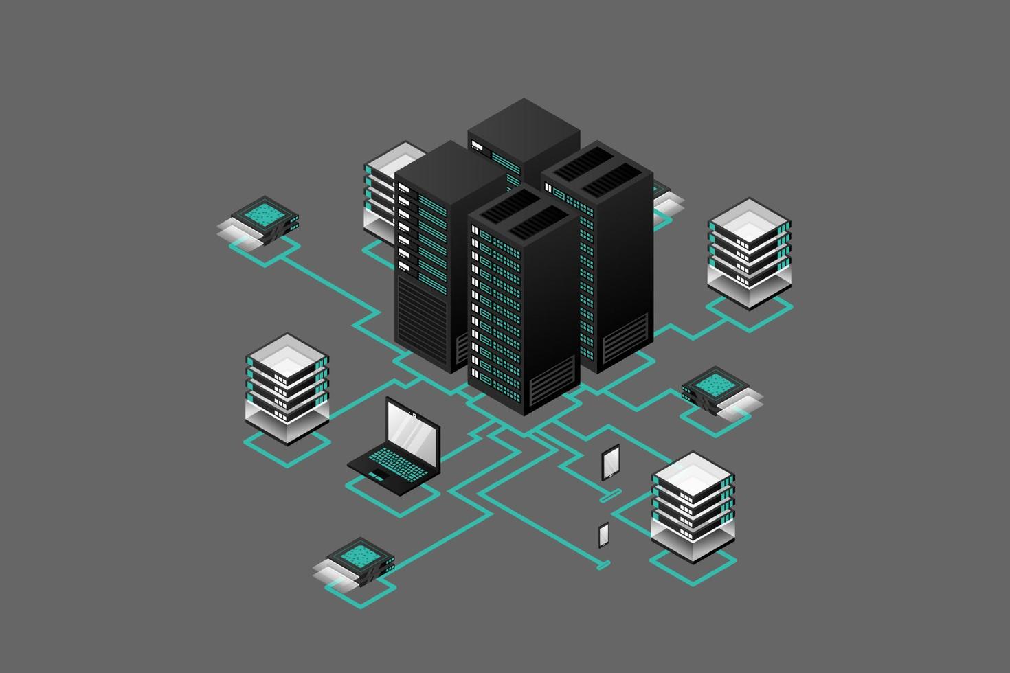 Concept Of Data Network Management Vector Isometric Map With Business Networking Servers
