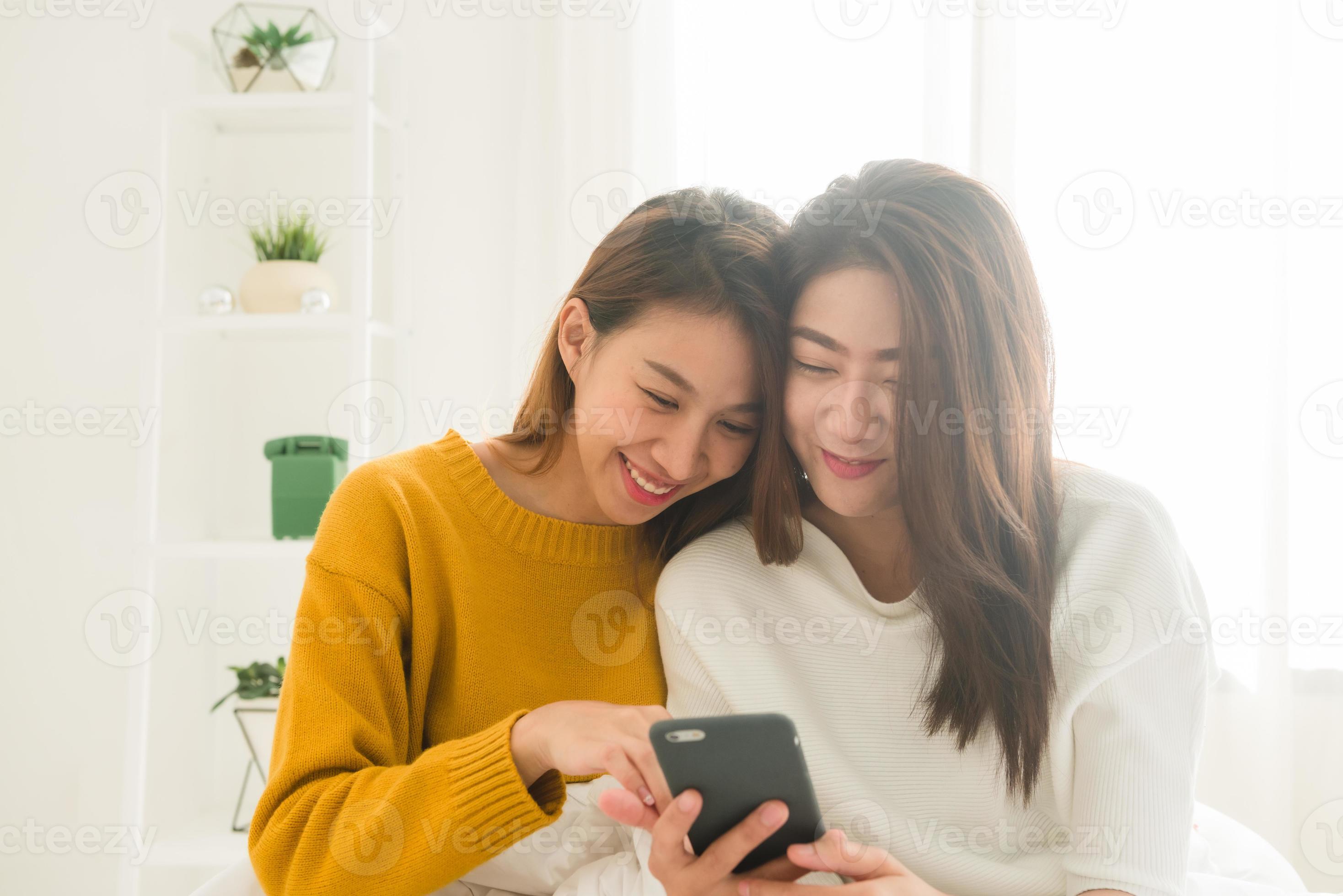 Beautiful Young Asian Women Lgbt Lesbian Happy Couple Sitting On Bed
