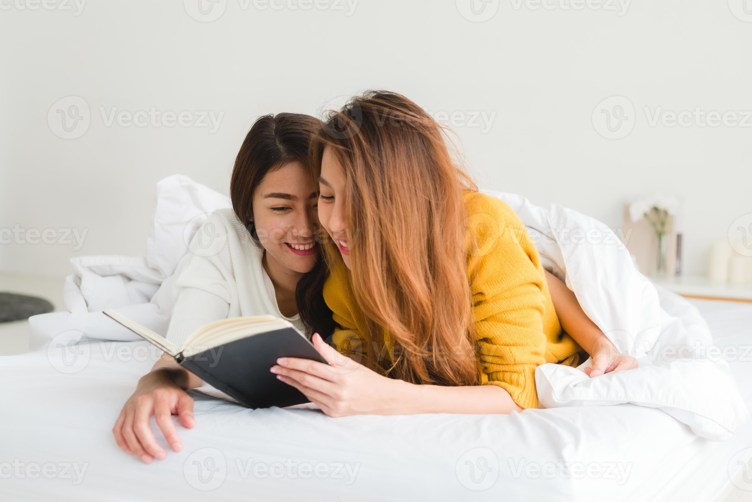 Beautiful Young Asian Women Lgbt Lesbian Happy Couple Sitting On Bed