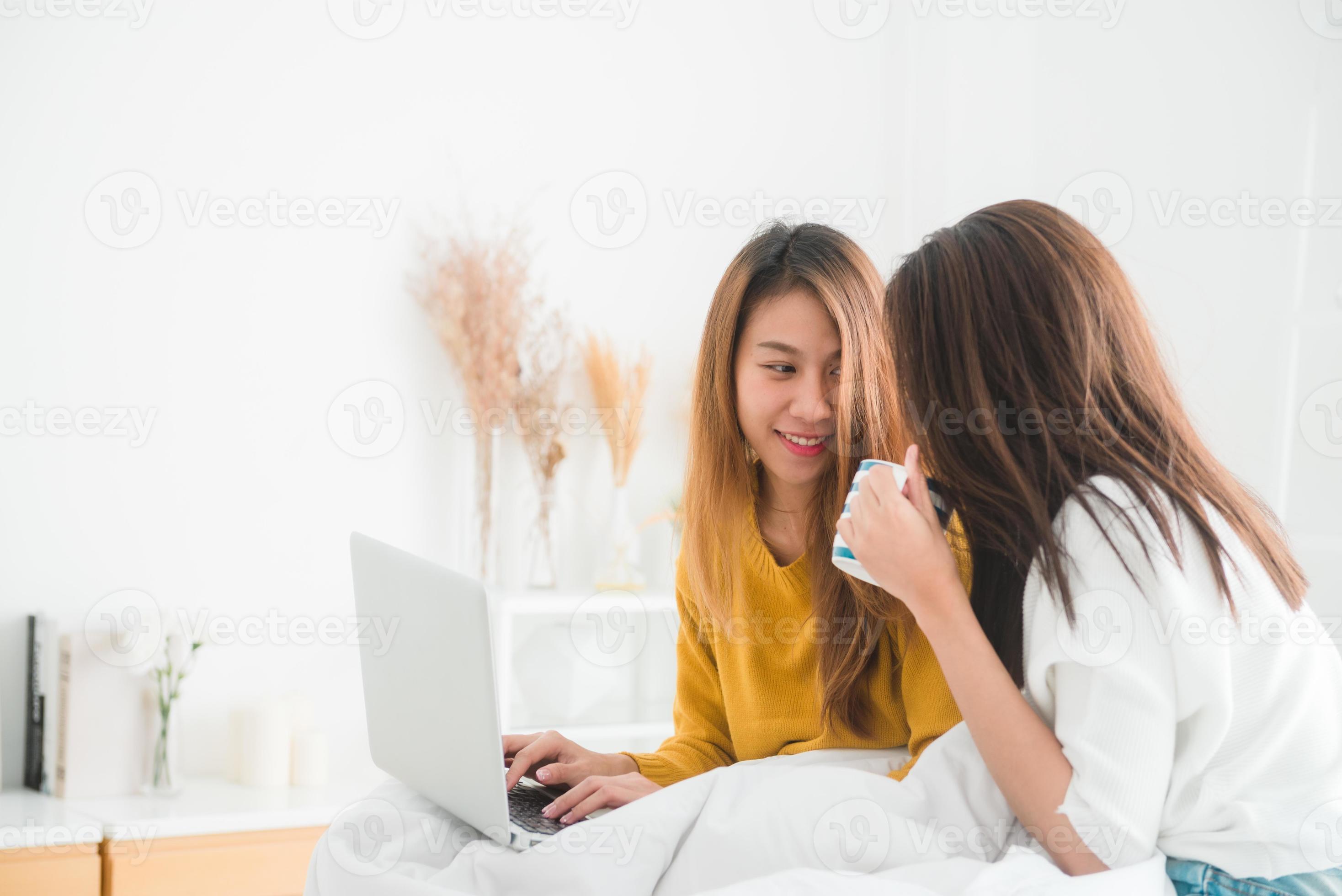 Beautiful Young Asian Women Lgbt Lesbian Happy Couple Sitting On Bed