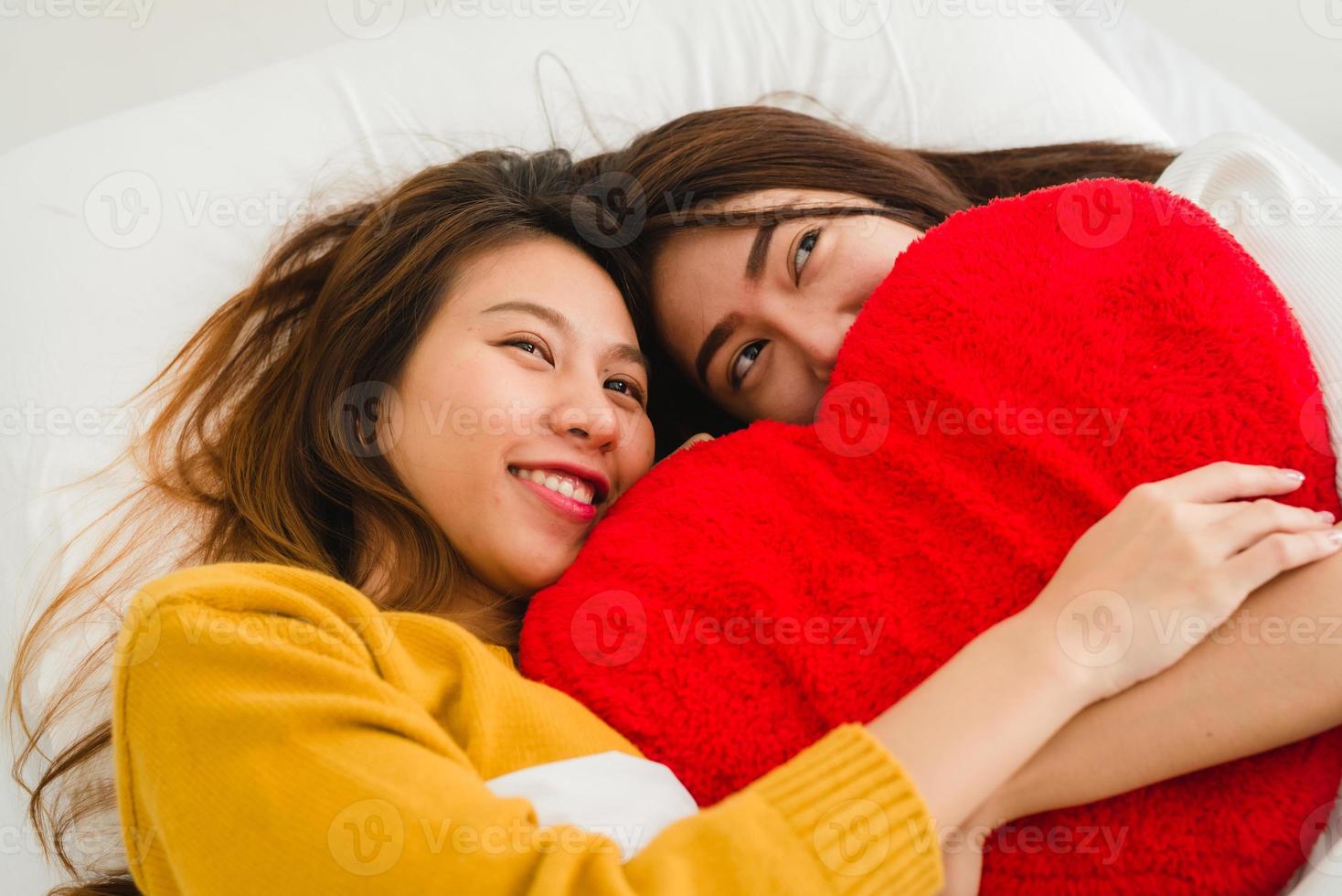 Beautiful Young Asian Women Lgbt Lesbian Happy Couple Sitting On Bed