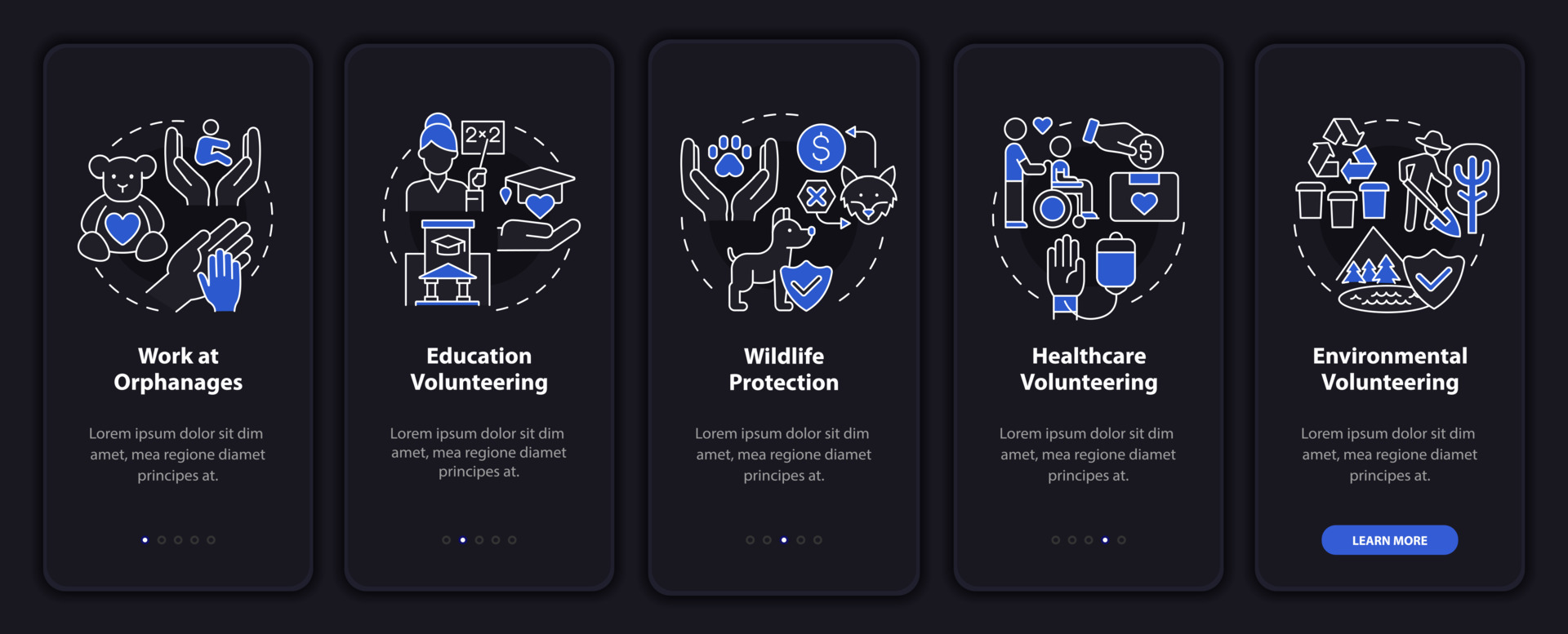 Volunteering Work Types Onboarding Mobile App Page Screen Charity