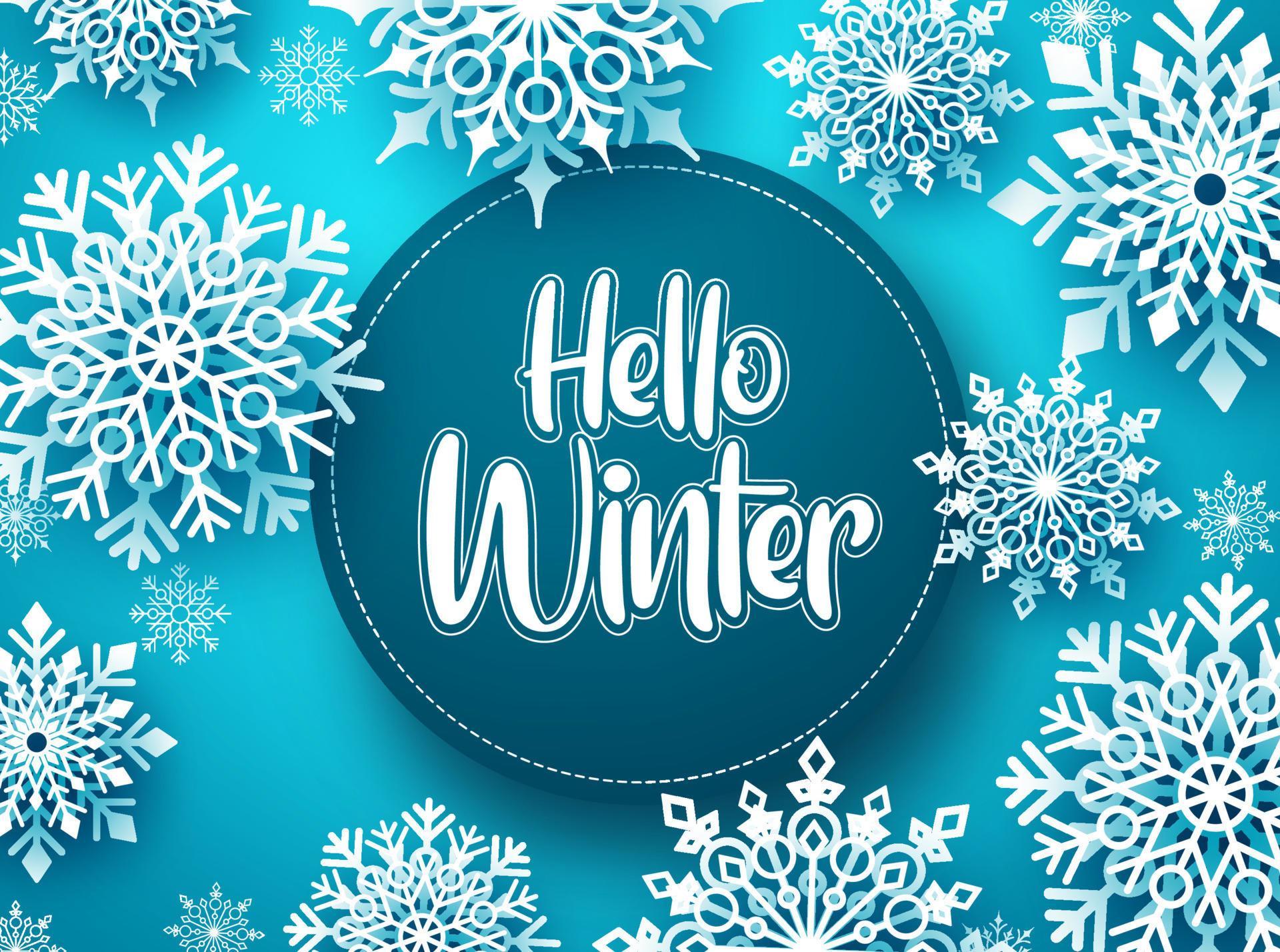 Hello winter vector greeting banner template. Snowflakes with hello ...