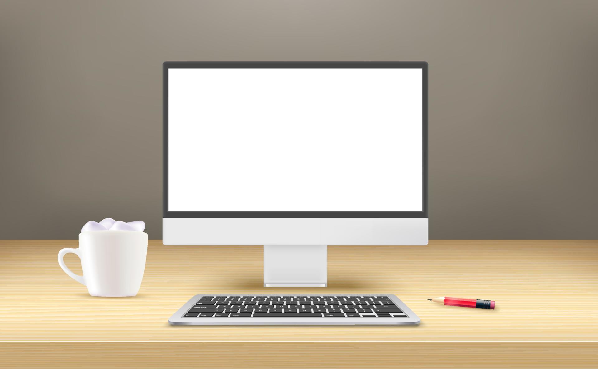 Modern computer with blank screen on a wood table. 3d vector mockup ...