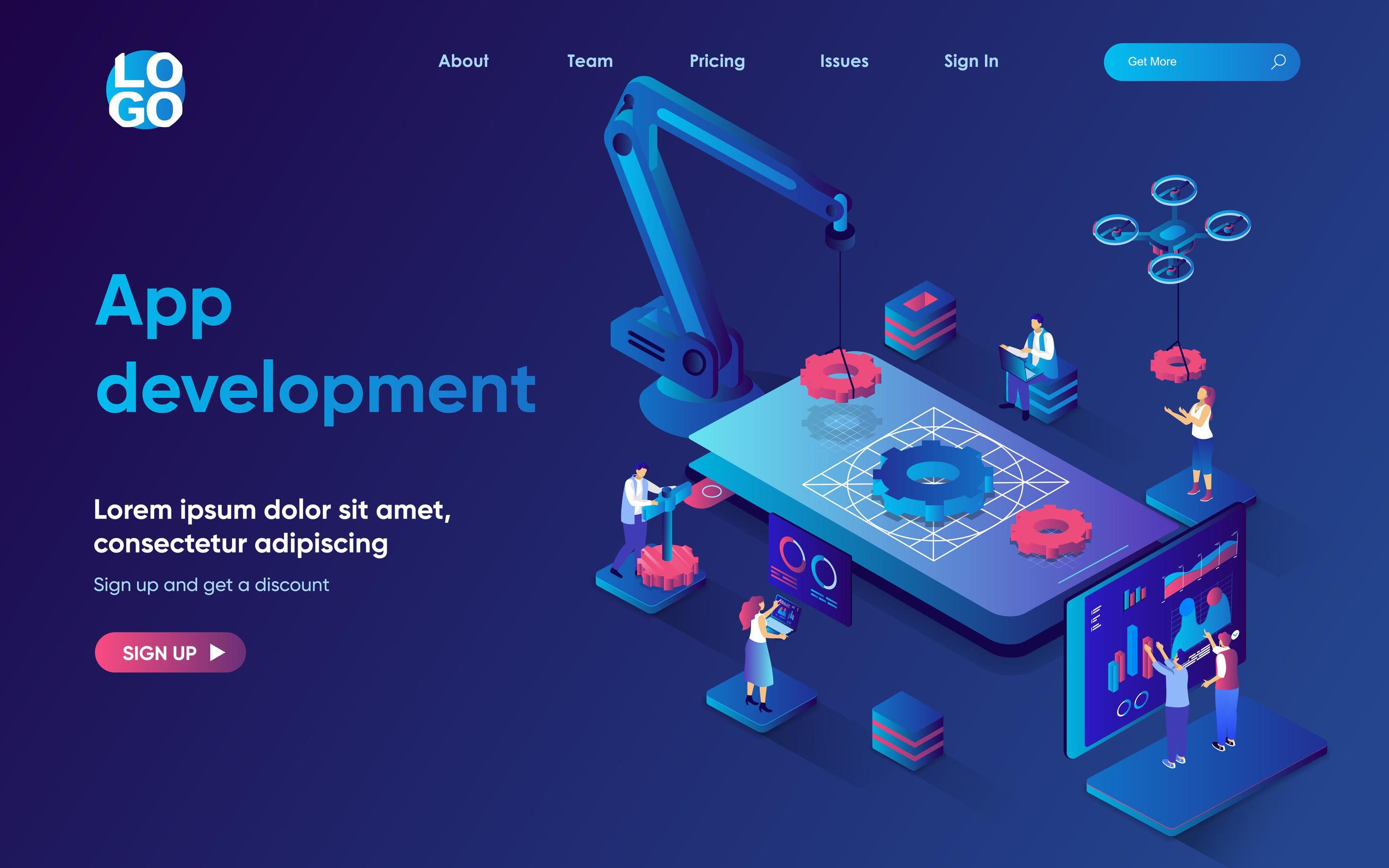 App Development Concept Isometric Landing Page Team Create And