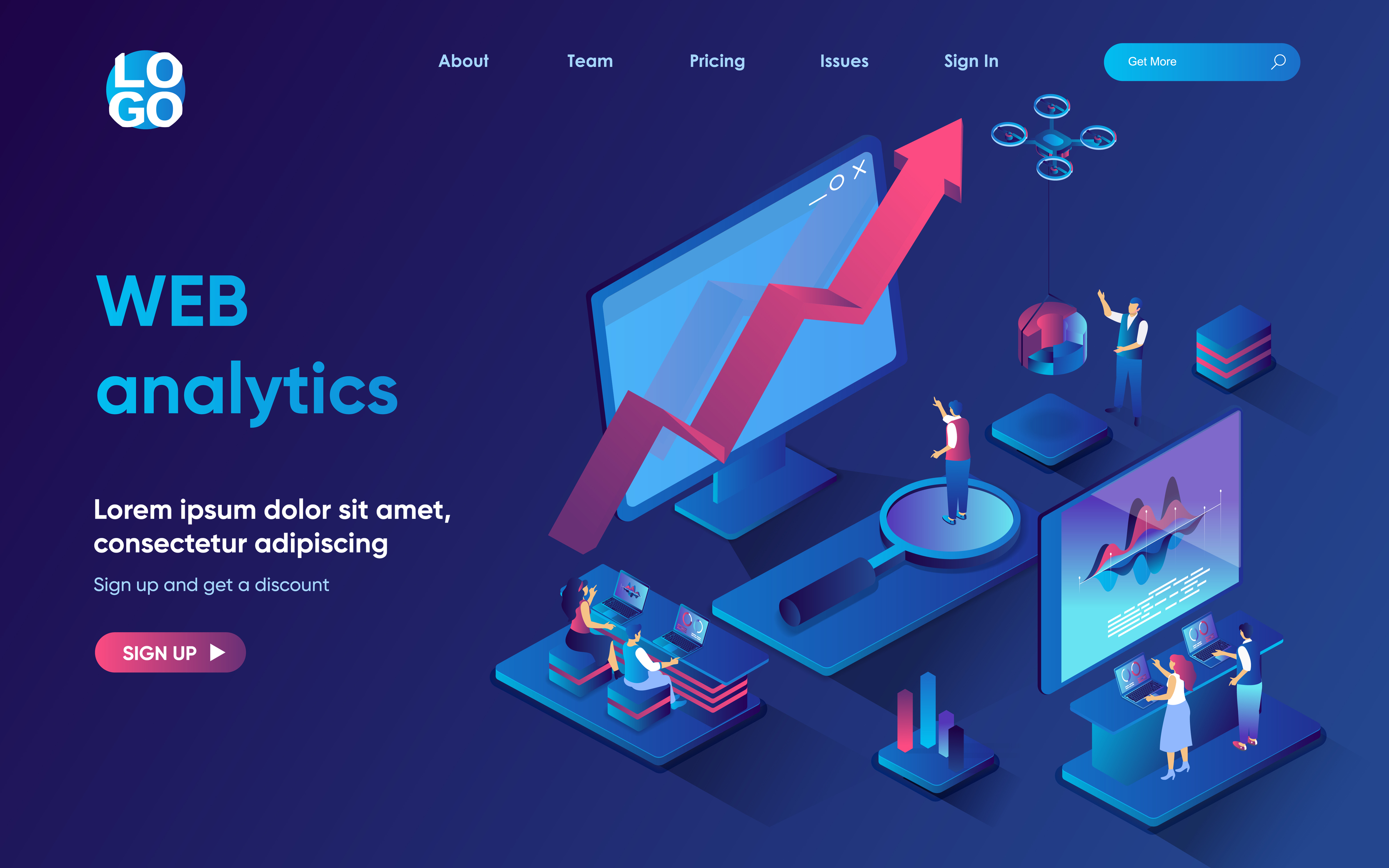 Web analytics concept isometric landing page. Team studying business data at graph and charts ...