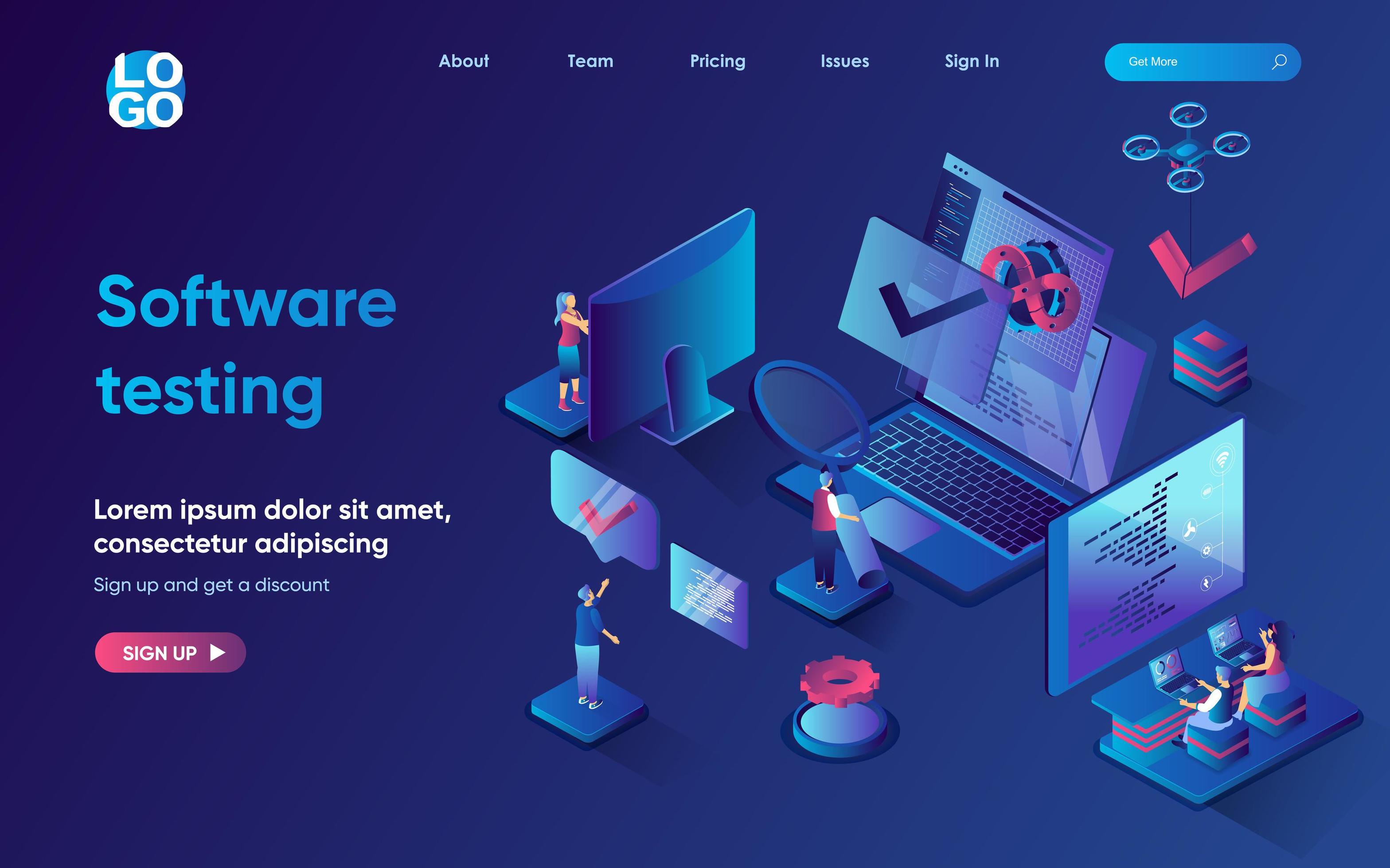 Software Testing Concept Isometric Landing Page Team Develops And Optimizes Programs Or Apps