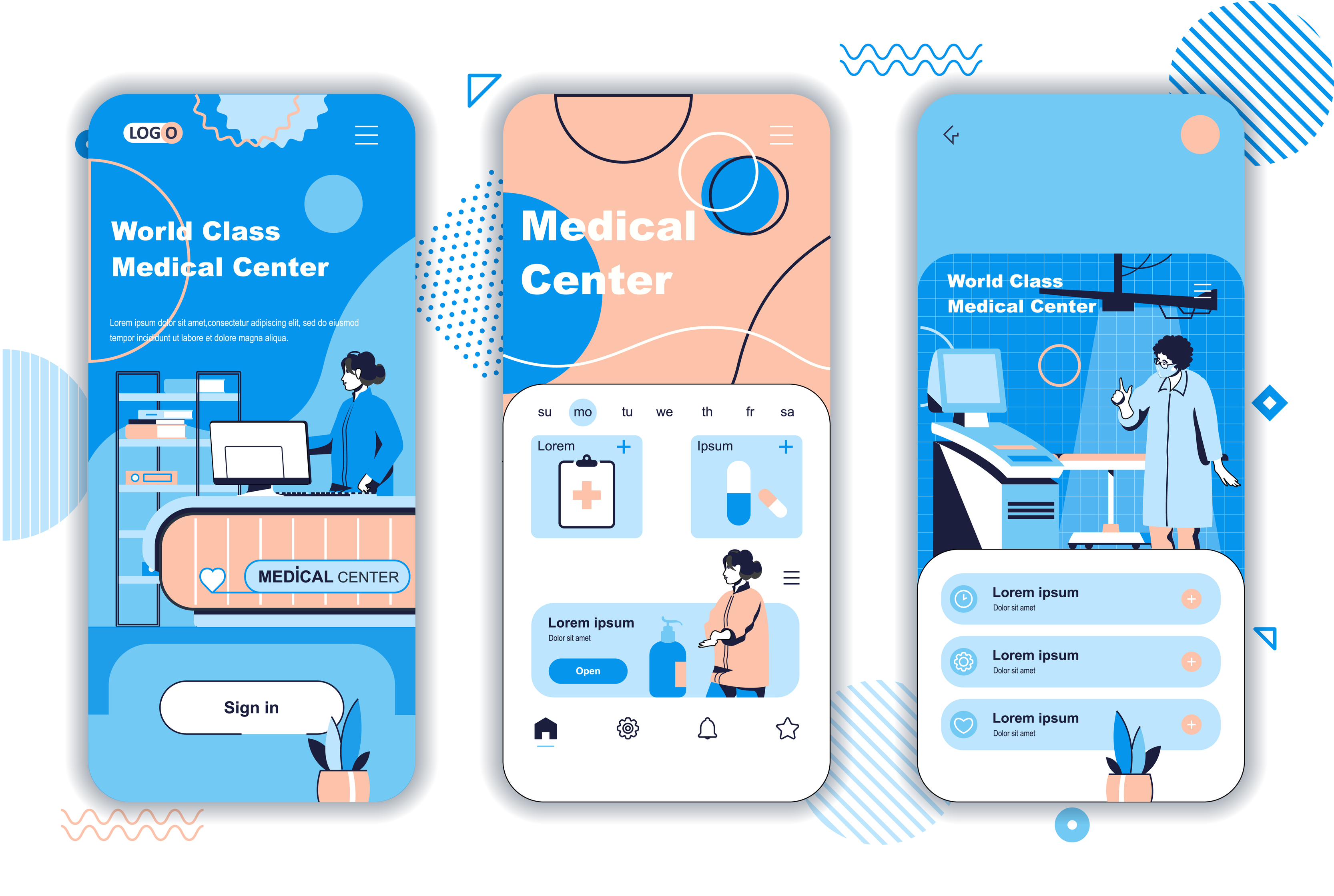Medical center concept onboarding screens for mobile app templates ...