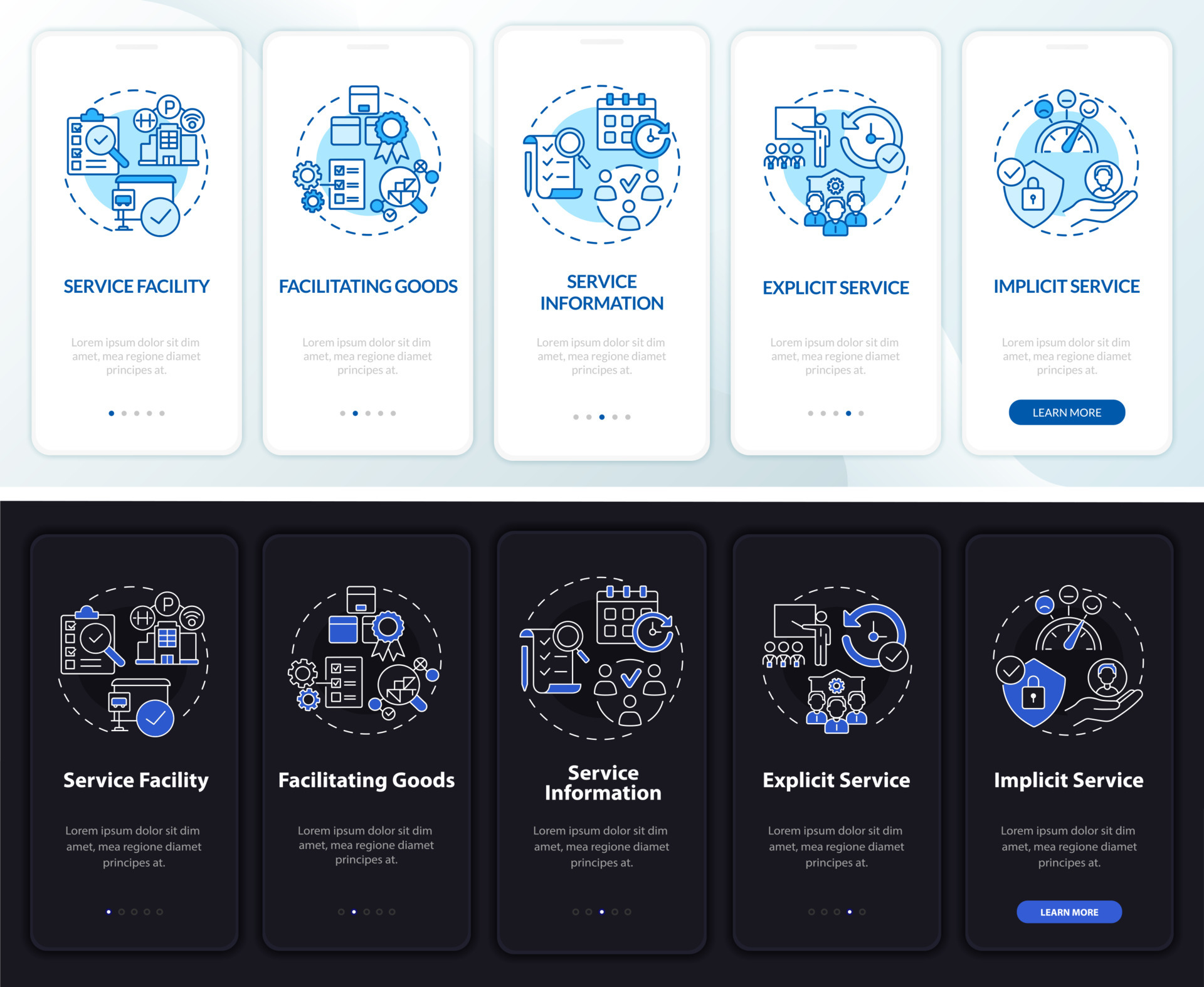 Service Characteristics Dark And Light Onboarding Mobile App Page