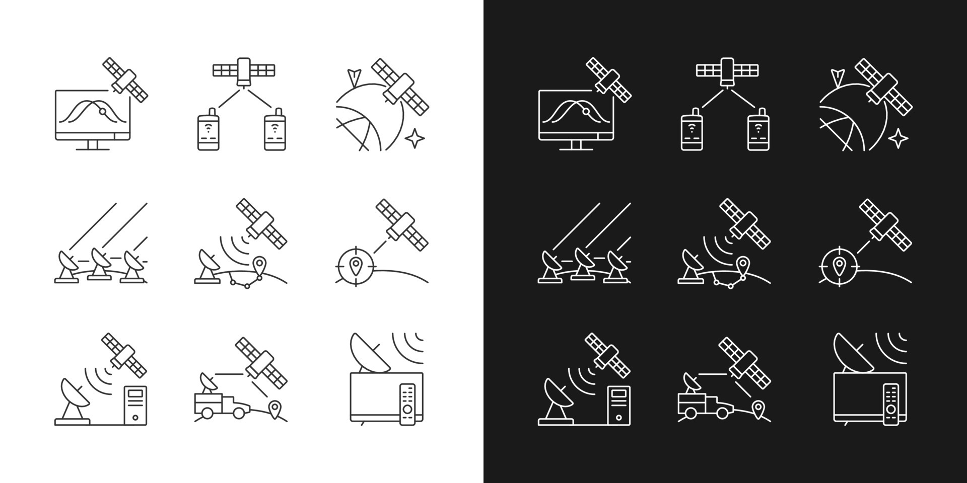 Artificial Satellites Linear Icons Set For Dark And Light Mode Satellite Tracking Positioning