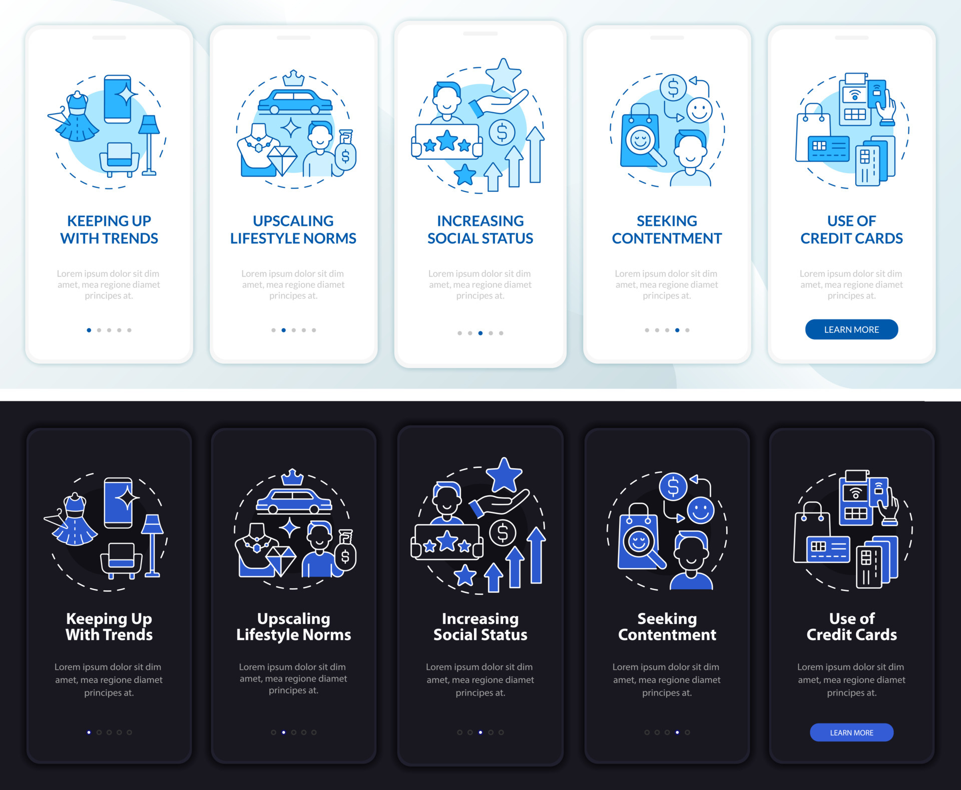Consumerism motivation dark, light onboarding mobile app page screen ... Consumerism motivation dark, light onboarding mobile app page screen ...