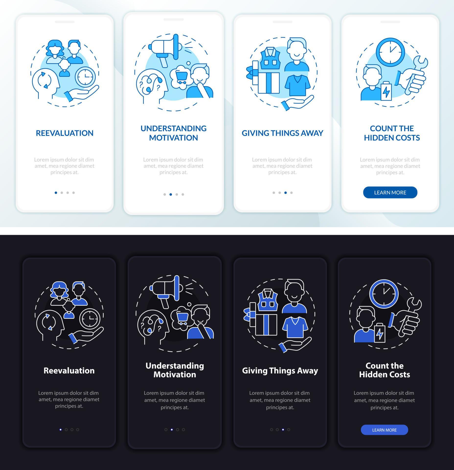Challenging consumerism dark, light onboarding mobile app page screen ... Challenging consumerism dark, light onboarding mobile app page screen ...