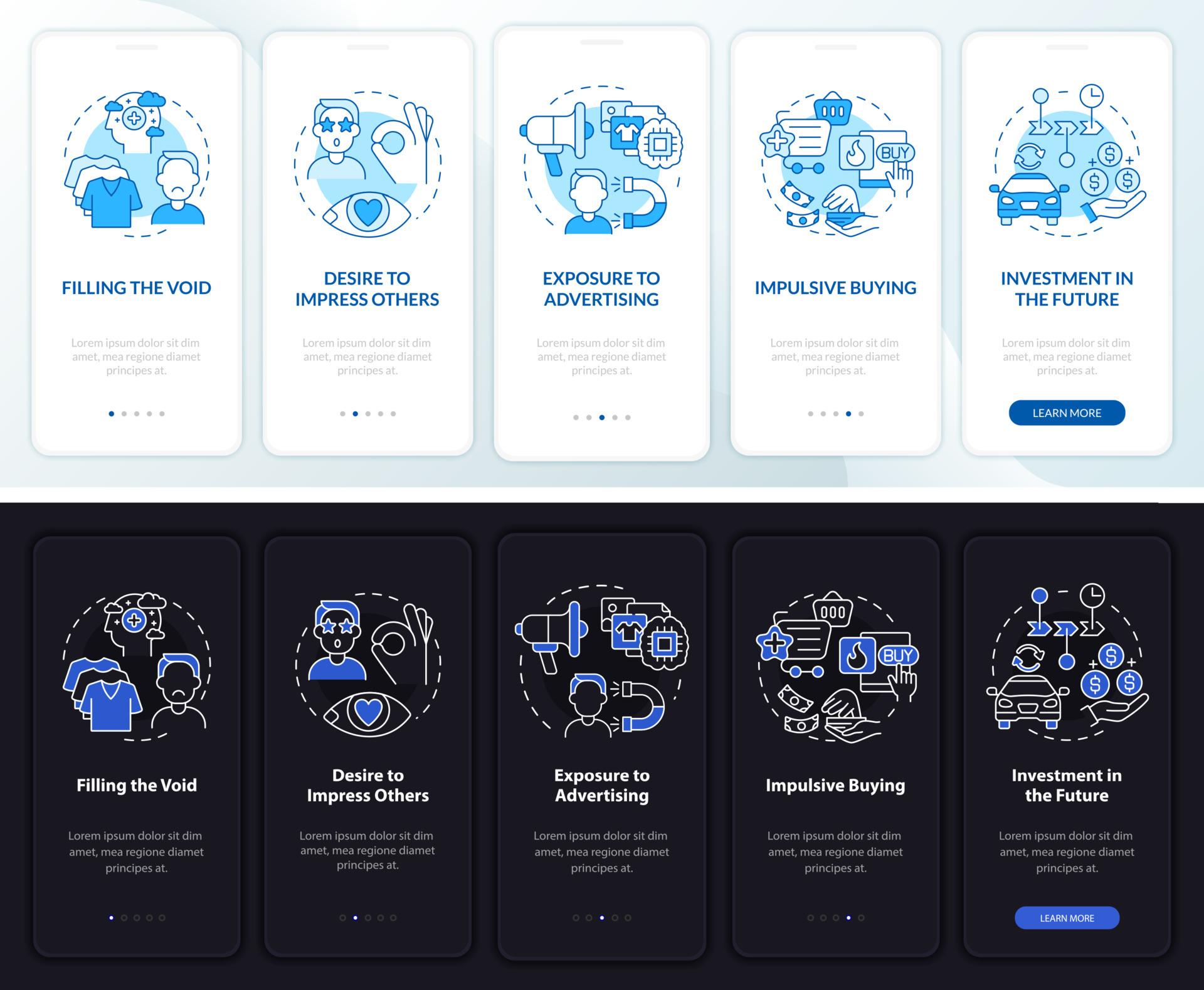 Reasons for consumerism dark, light onboarding mobile app page screen ... Reasons for consumerism dark, light onboarding mobile app page screen ...