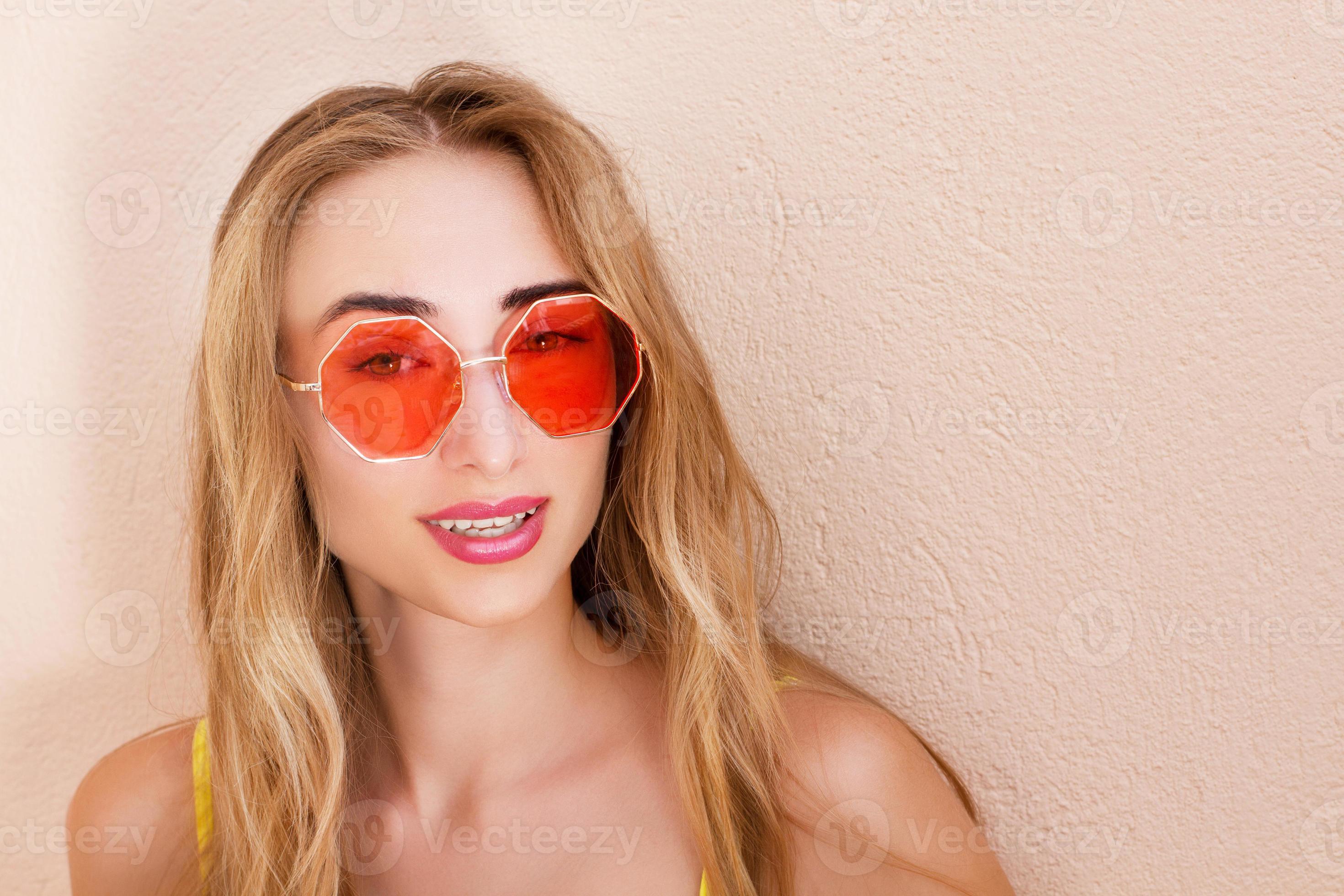 Fashion Portrait Pretty Woman In Summer Red Sunglasses Over Colorful