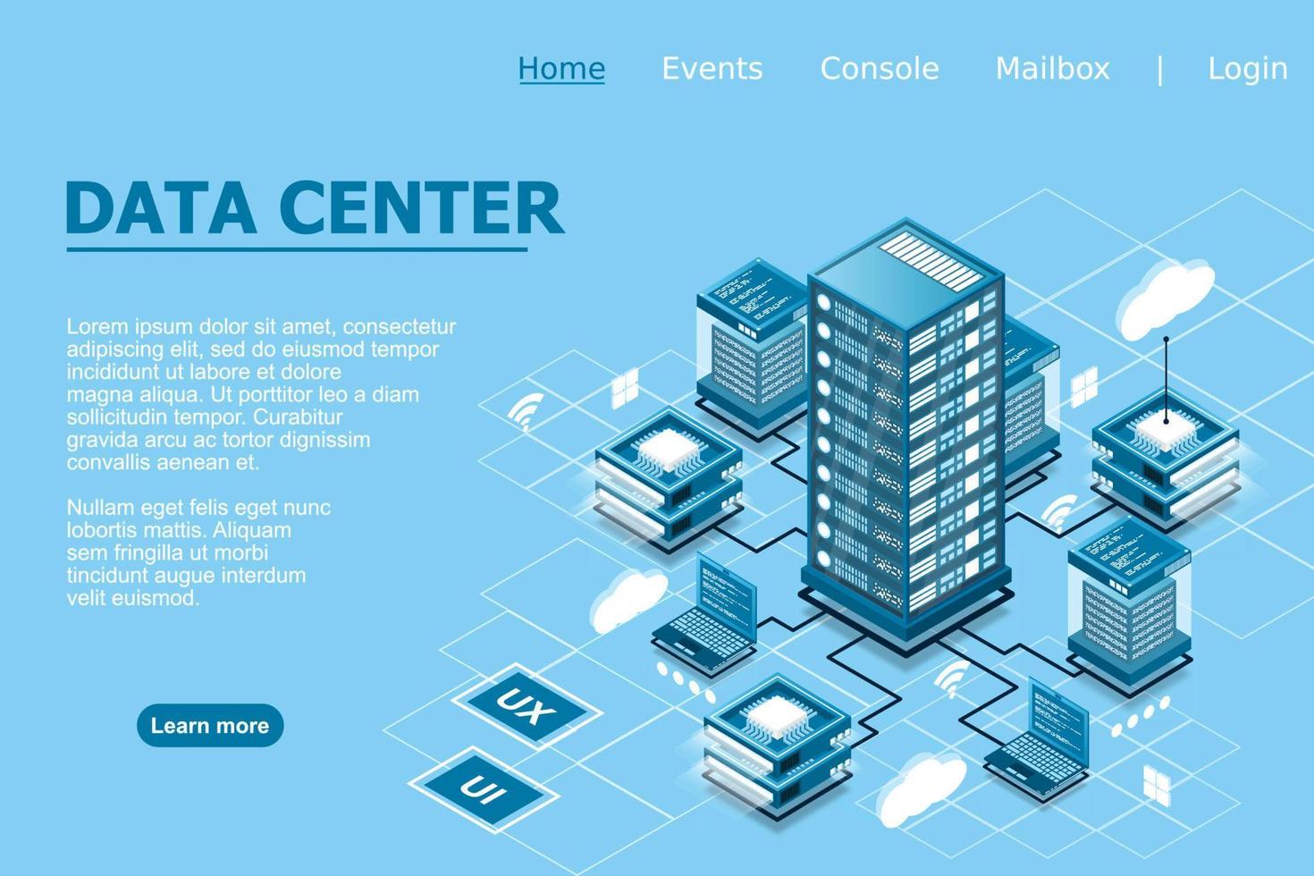 Concept of data network management . Vector isometric map with business networking servers ...