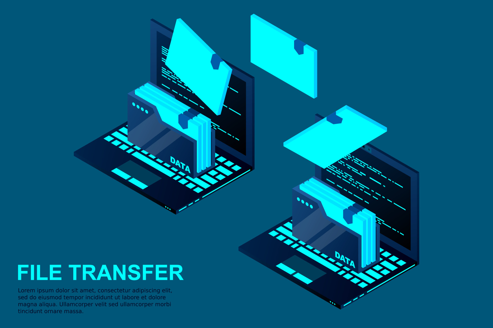 Isometric computer file transfer vector. Two Laptop computers with ...