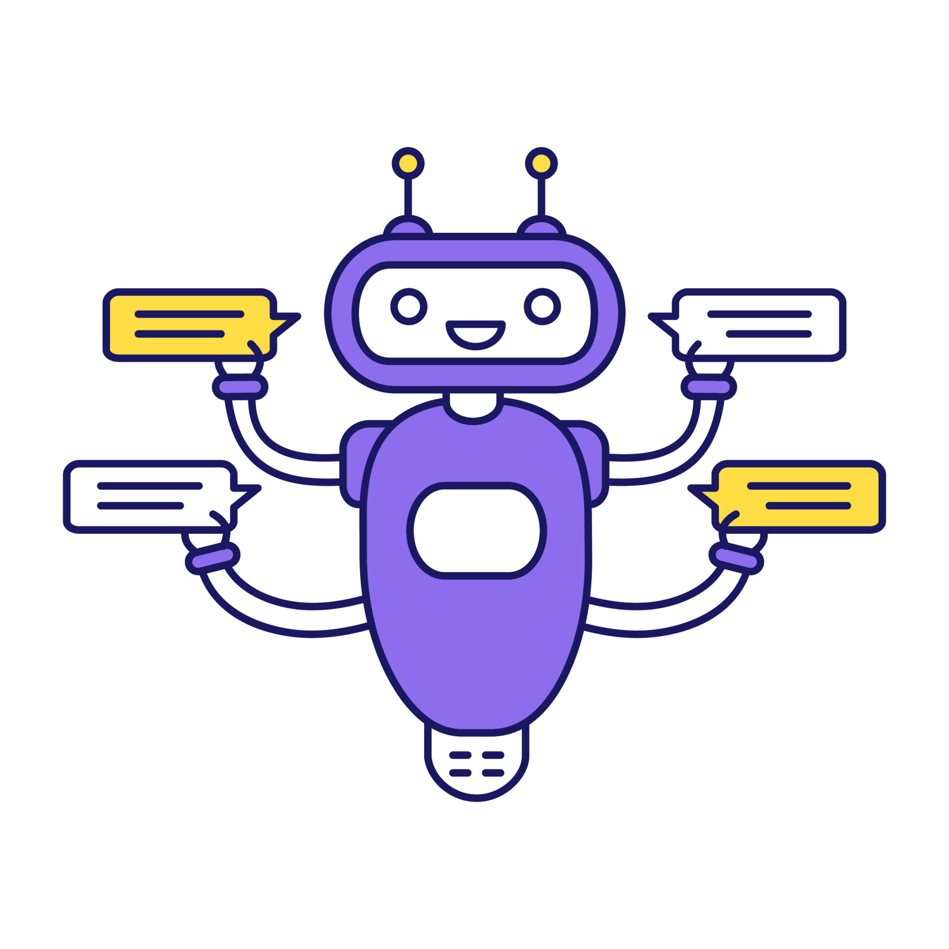 Chatbot With Four Speech Bubbles Color Icon Talkbot Chatting To Several Users Customer Support