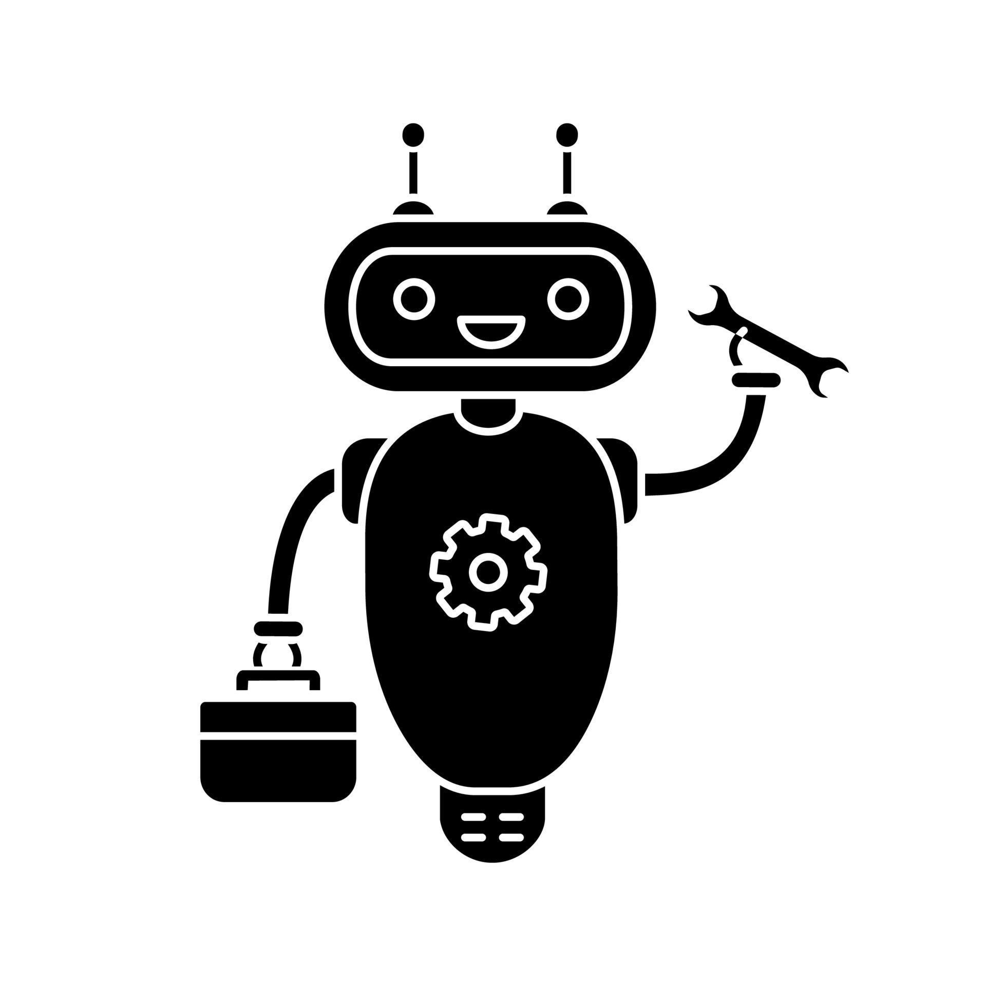 Repair chatbot glyph icon. Silhouette symbol. Robot with set of tools and screw key. Virtual ...