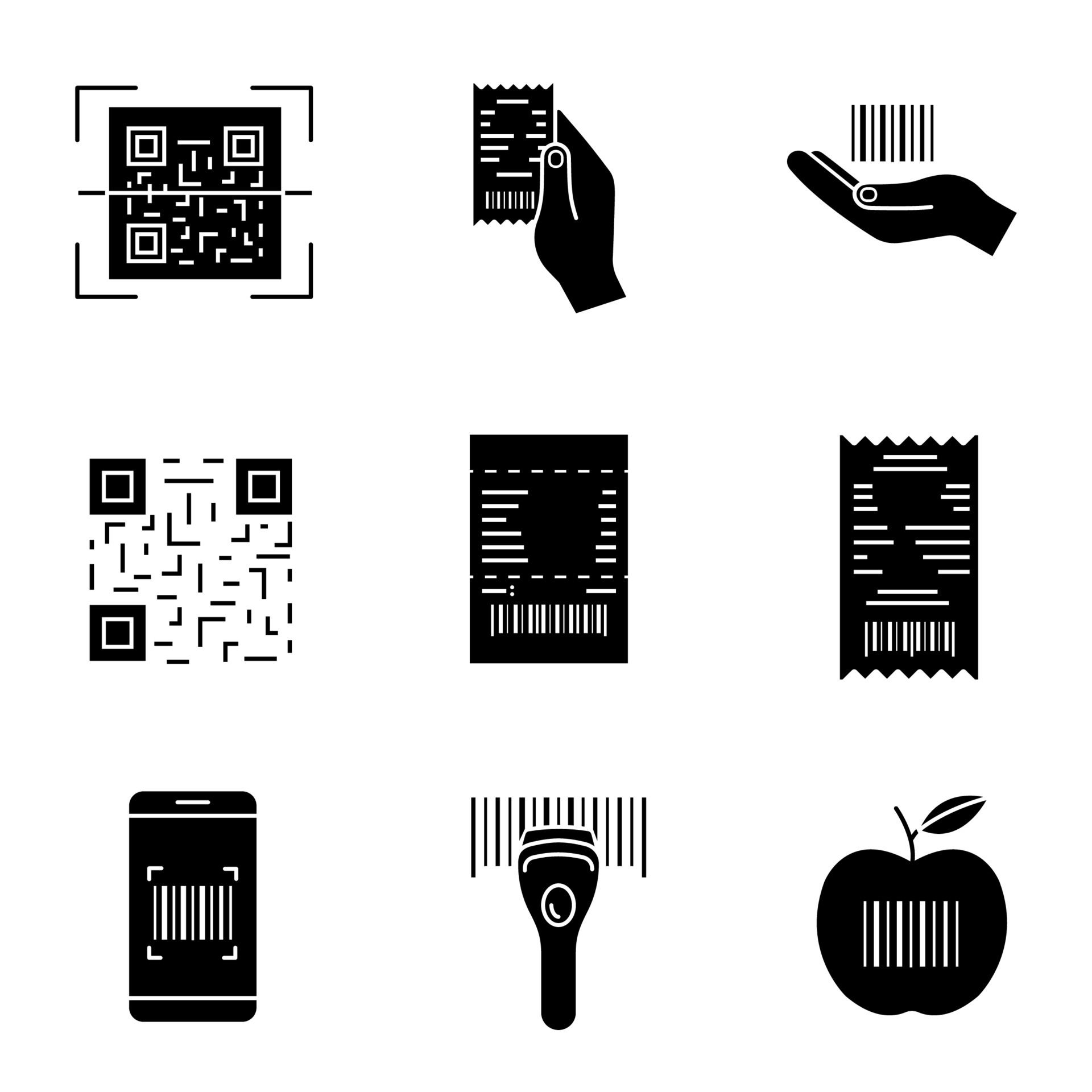 Barcodes glyph icons set. QR and linear codes scanning app, device ... Barcodes glyph icons set. QR and linear codes scanning app, device ...