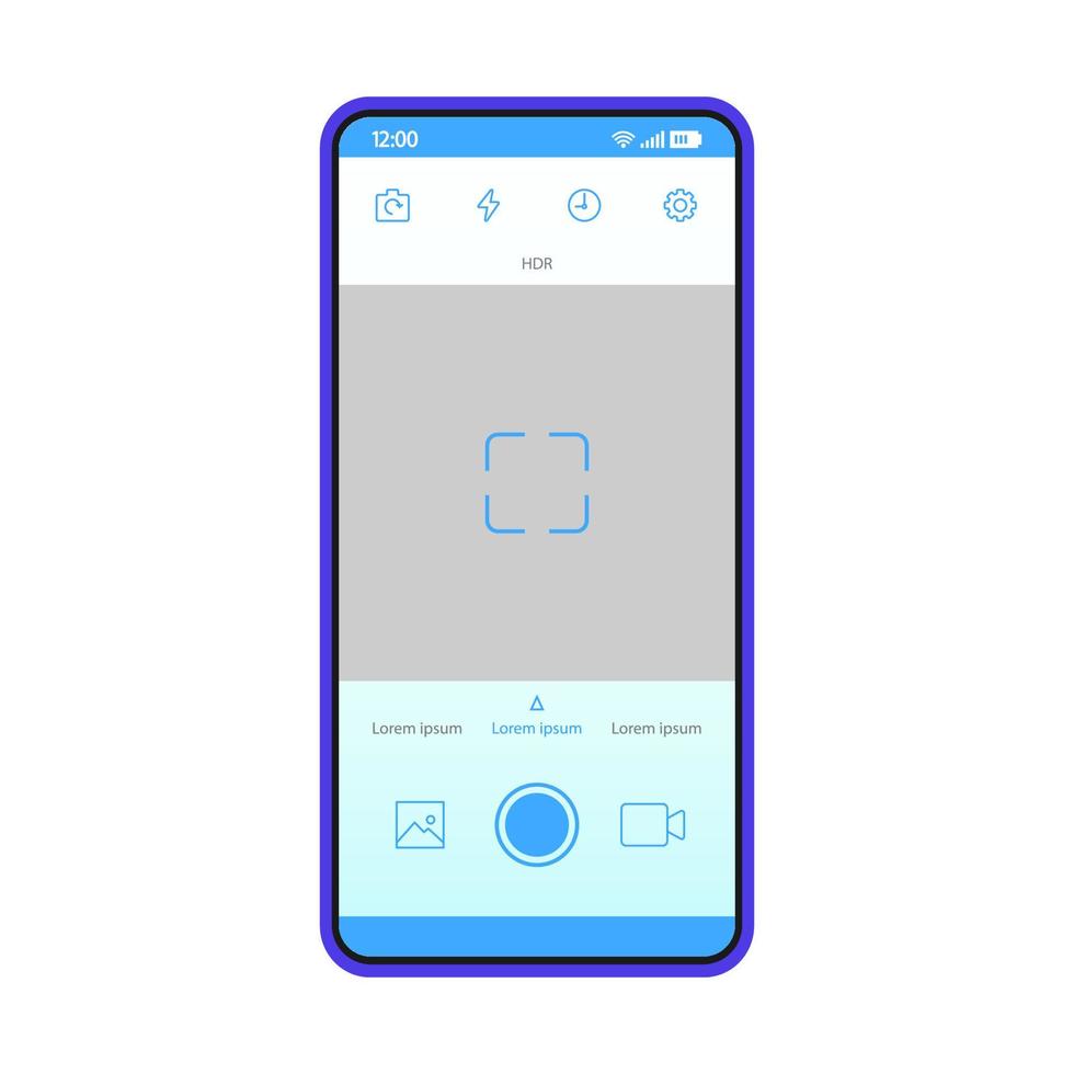 Smartphone camera interface vector template. Mobile app interface blue ... Smartphone camera interface vector template. Mobile app interface blue ...