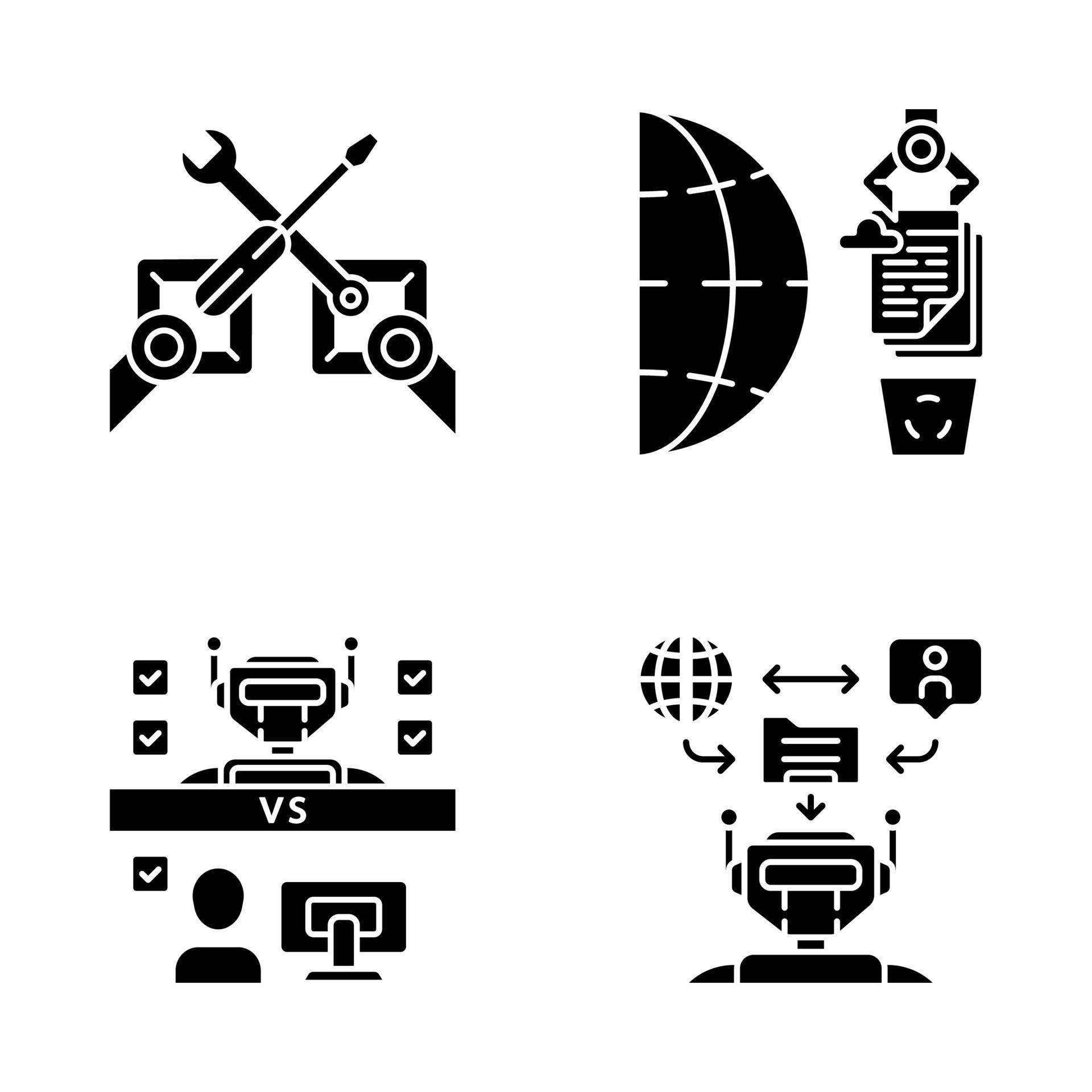 RPA glyph icons set. Clerical process automation technology. Benefits of using robots. RPA tools ...