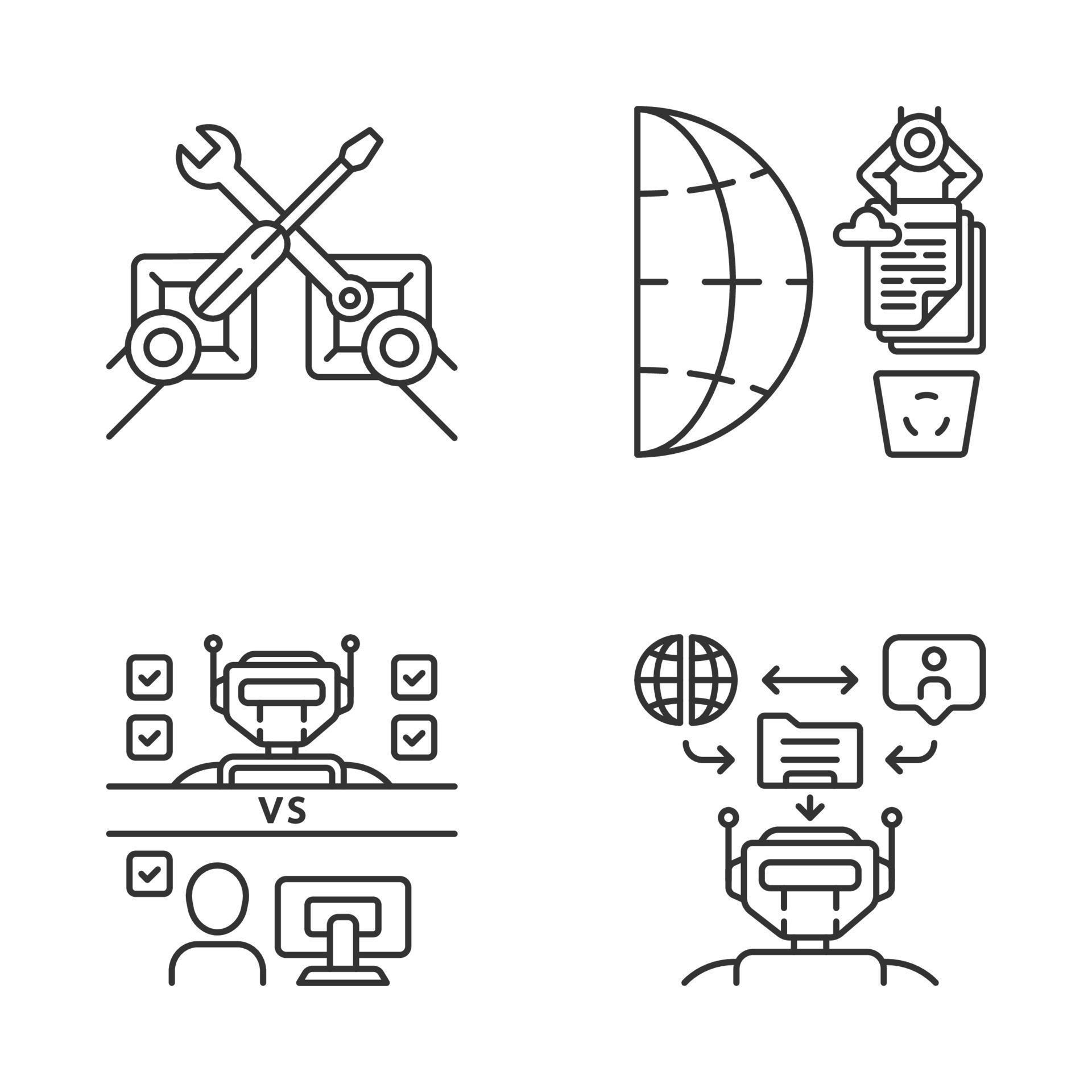 RPA linear icons set. Clerical process automation technology. RPA tools, data scraping ...