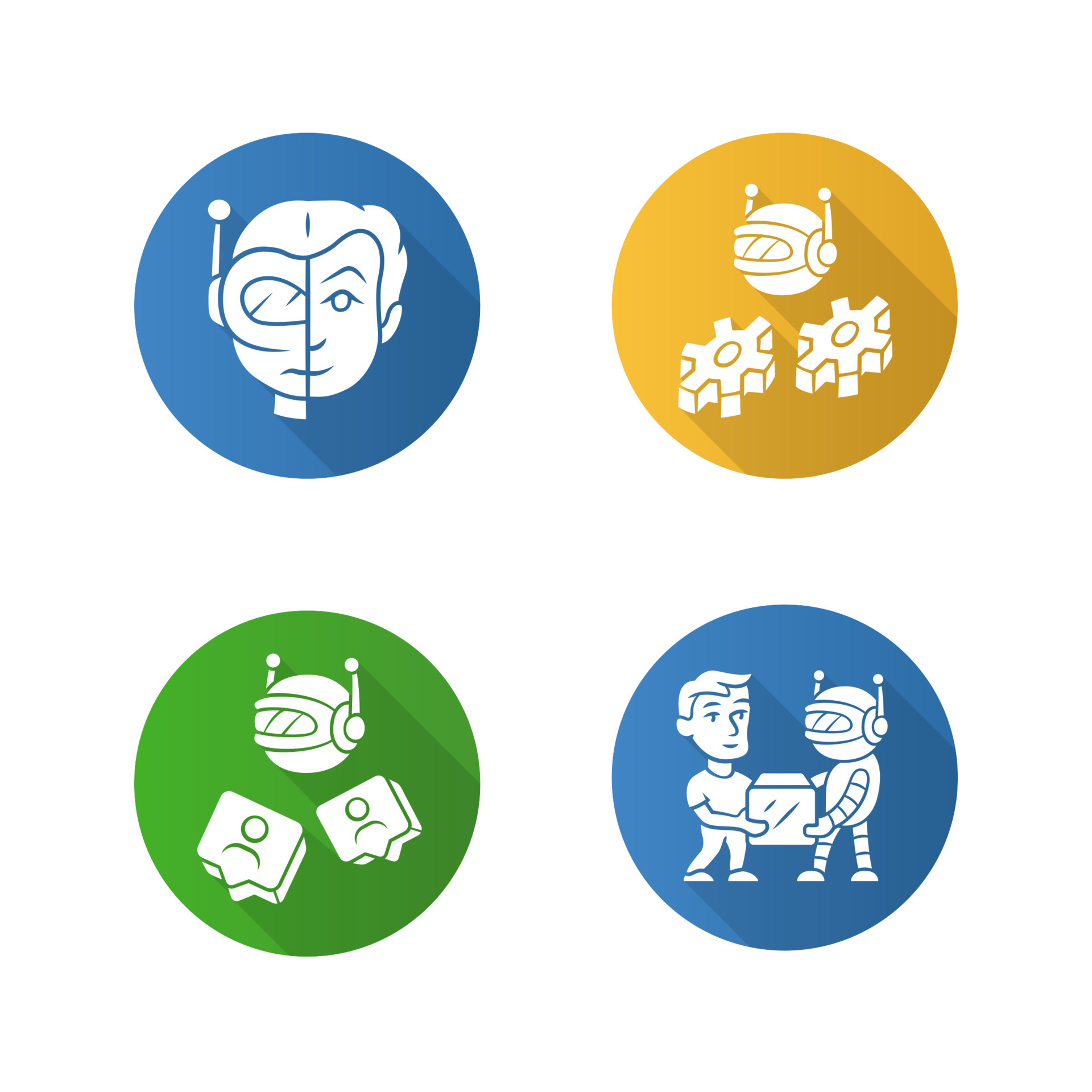 Software bot flat design long shadow glyph icons set. Socialbot ...