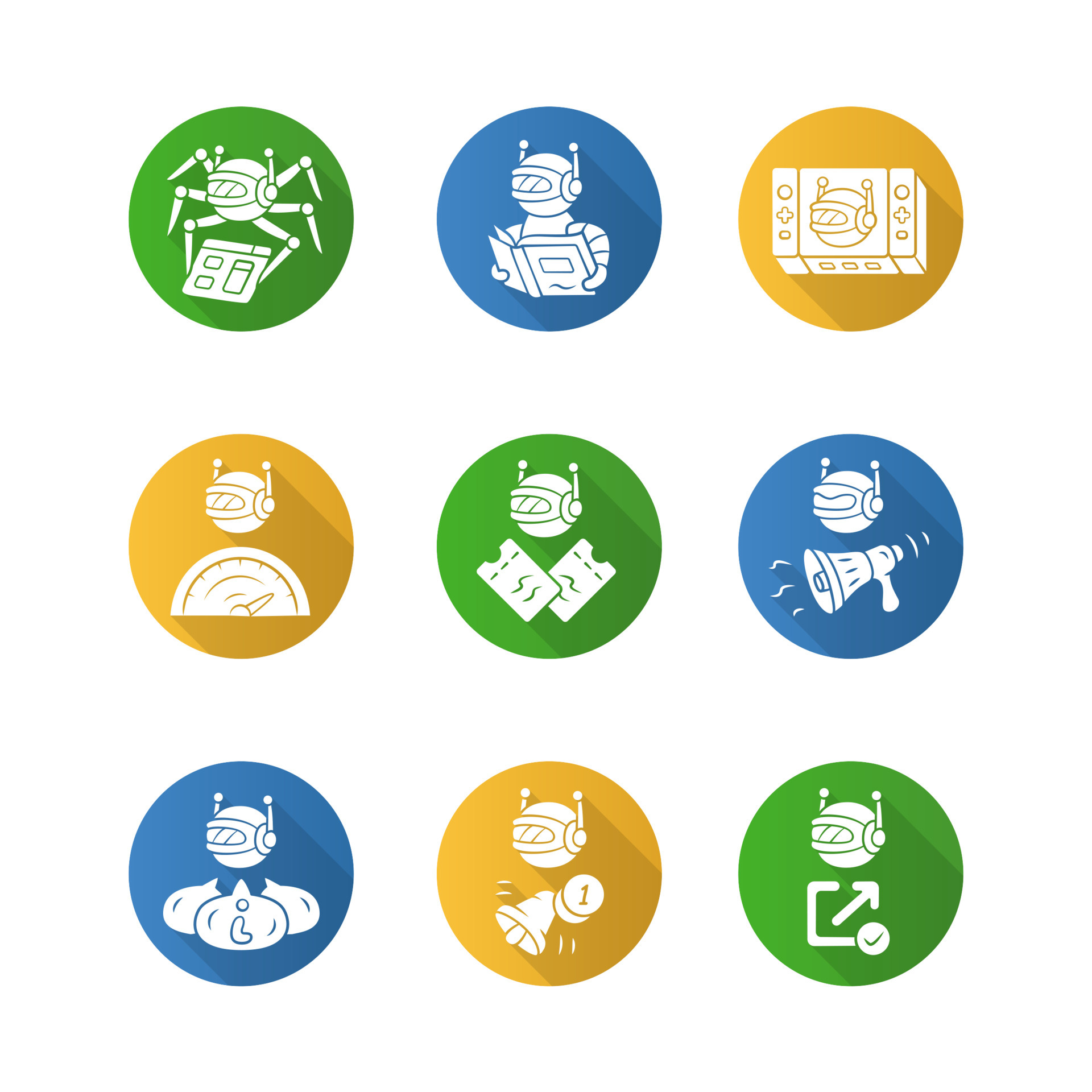 Web Robots Flat Design Long Shadow Glyph Icons Set Crawler Text Reading Backlink Checker