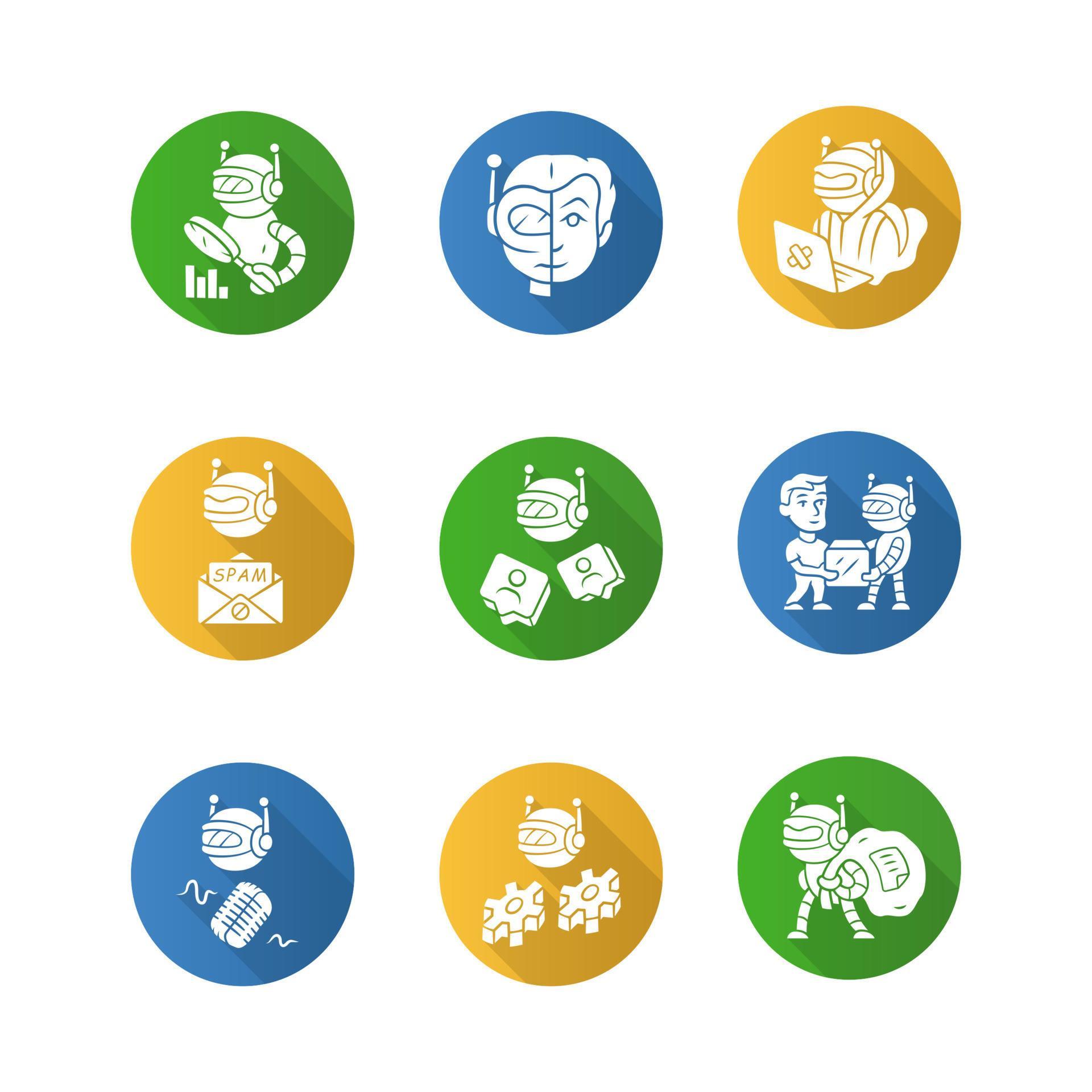 Internet bots flat design long shadow glyph icons set. Hacker, spam ...