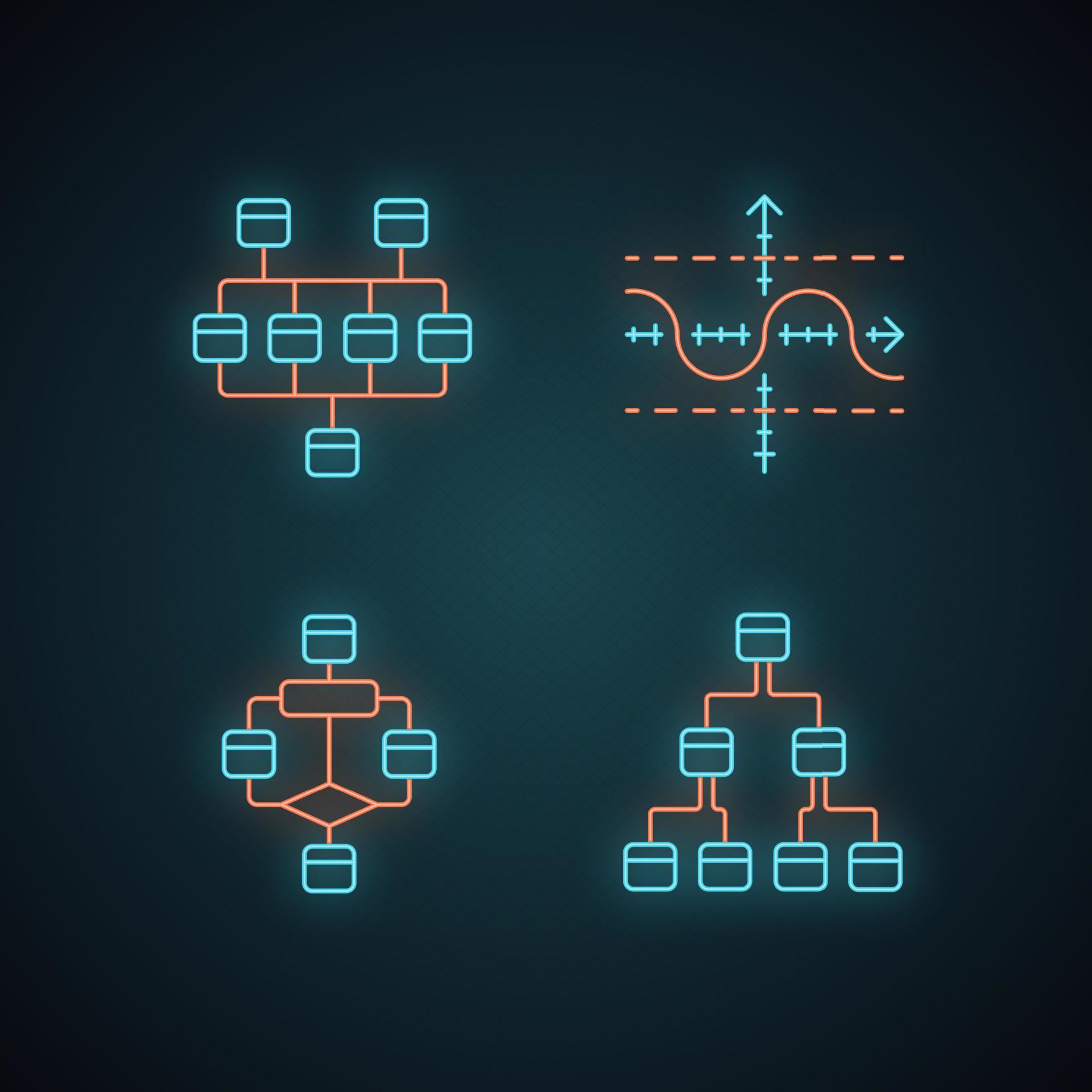 Diagrams neon light icons set. Network, tree, function graph, flowchart. Planning, process flow ...