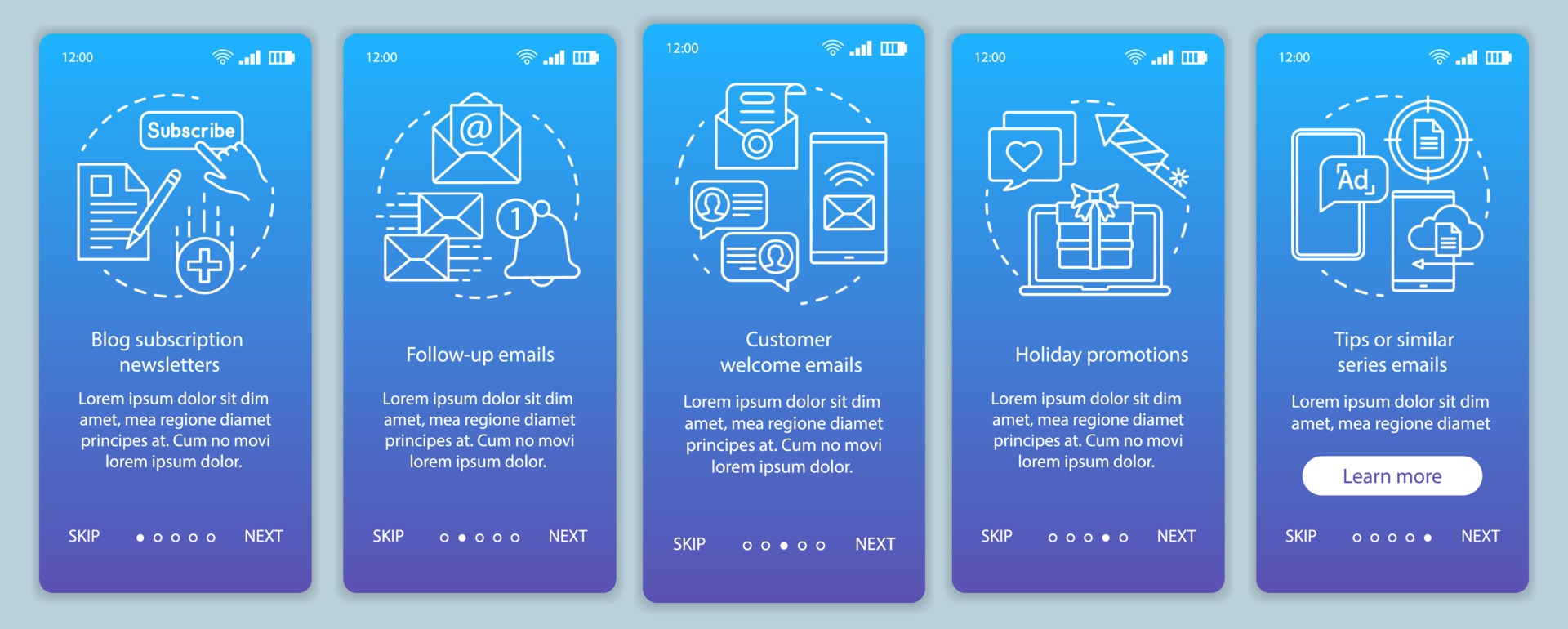 Email Marketing Blue Onboarding Mobile App Page Screen Vector Template Business Strategy