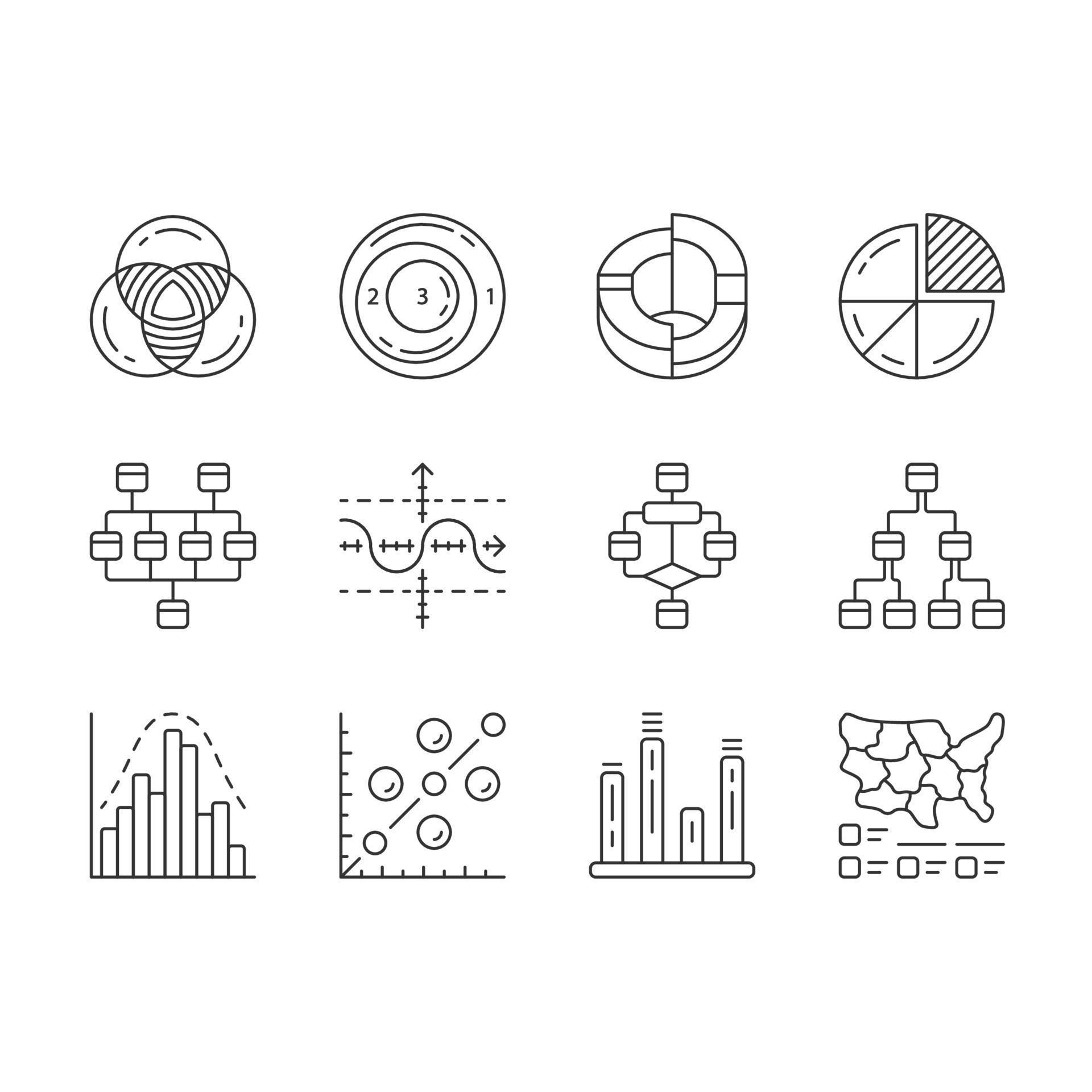 Diagrams linear icons set. Schematic representation of info. Statistics ...