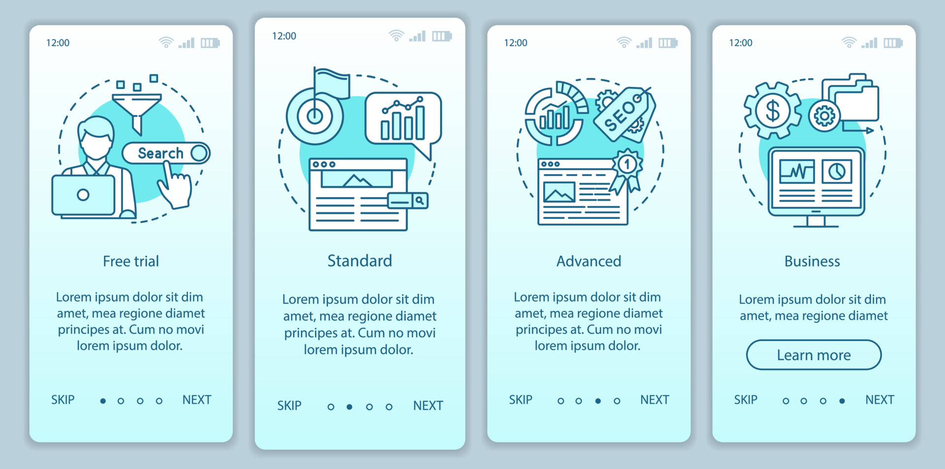 Seo Keyword Tool Subscription Onboarding Mobile App Page Screen Vector Template Standard Tariff