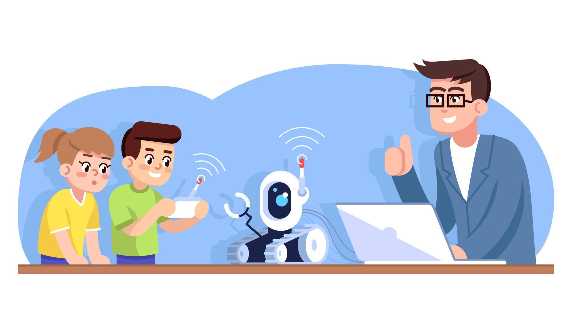 Robotics club for children flat vector illustration. Computer science ...