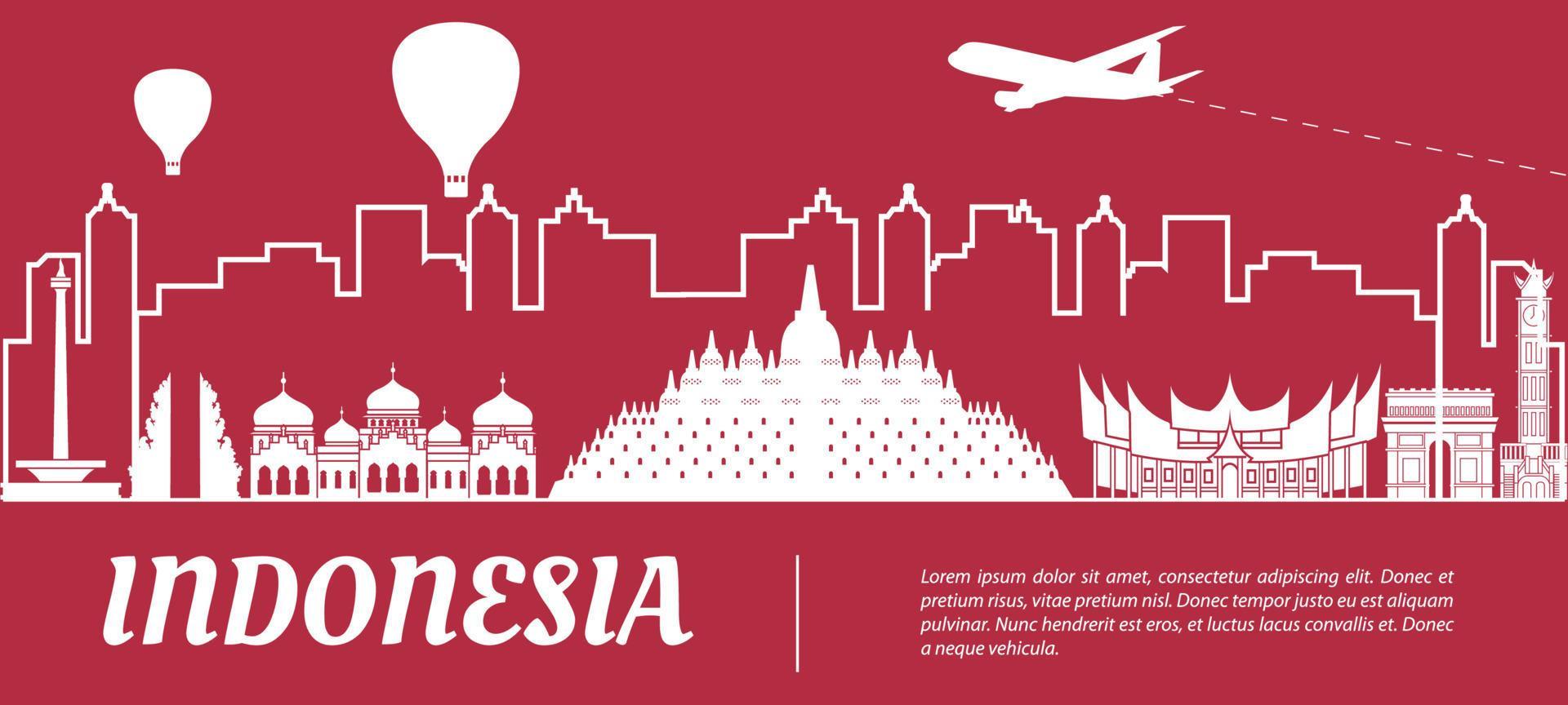 Indonesia famous landmark silhouette with red and white color design ...