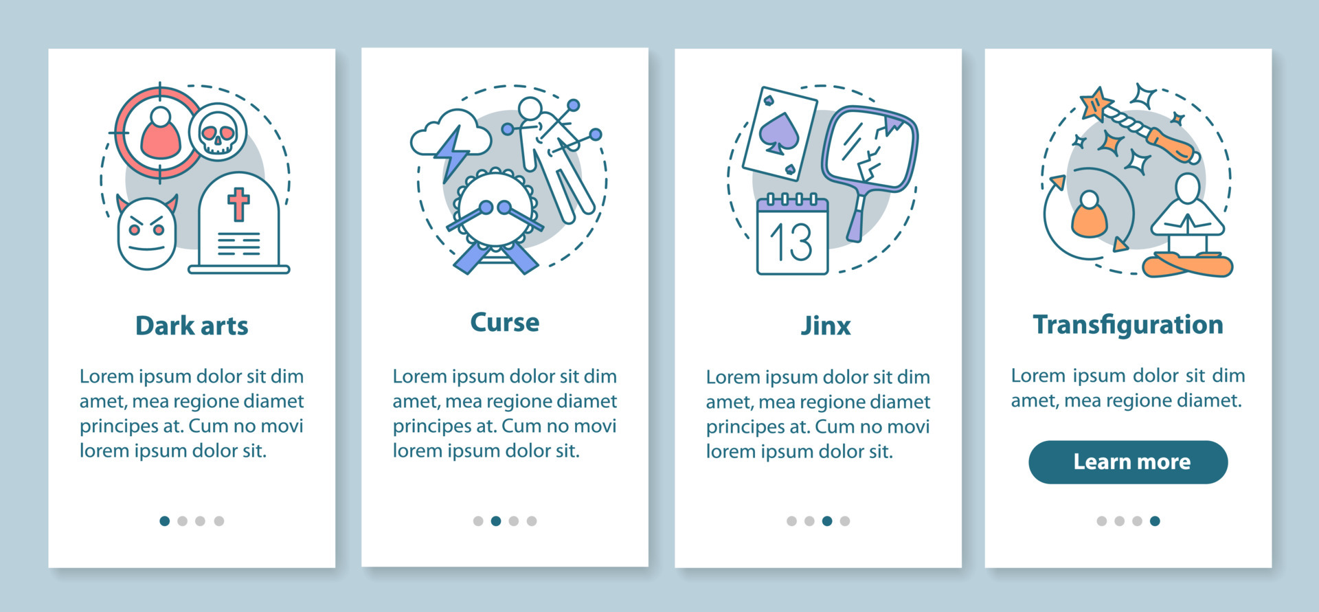 Dark Magic Onboarding Mobile App Page Screen With Linear Concepts Transfiguration Curse Jinx