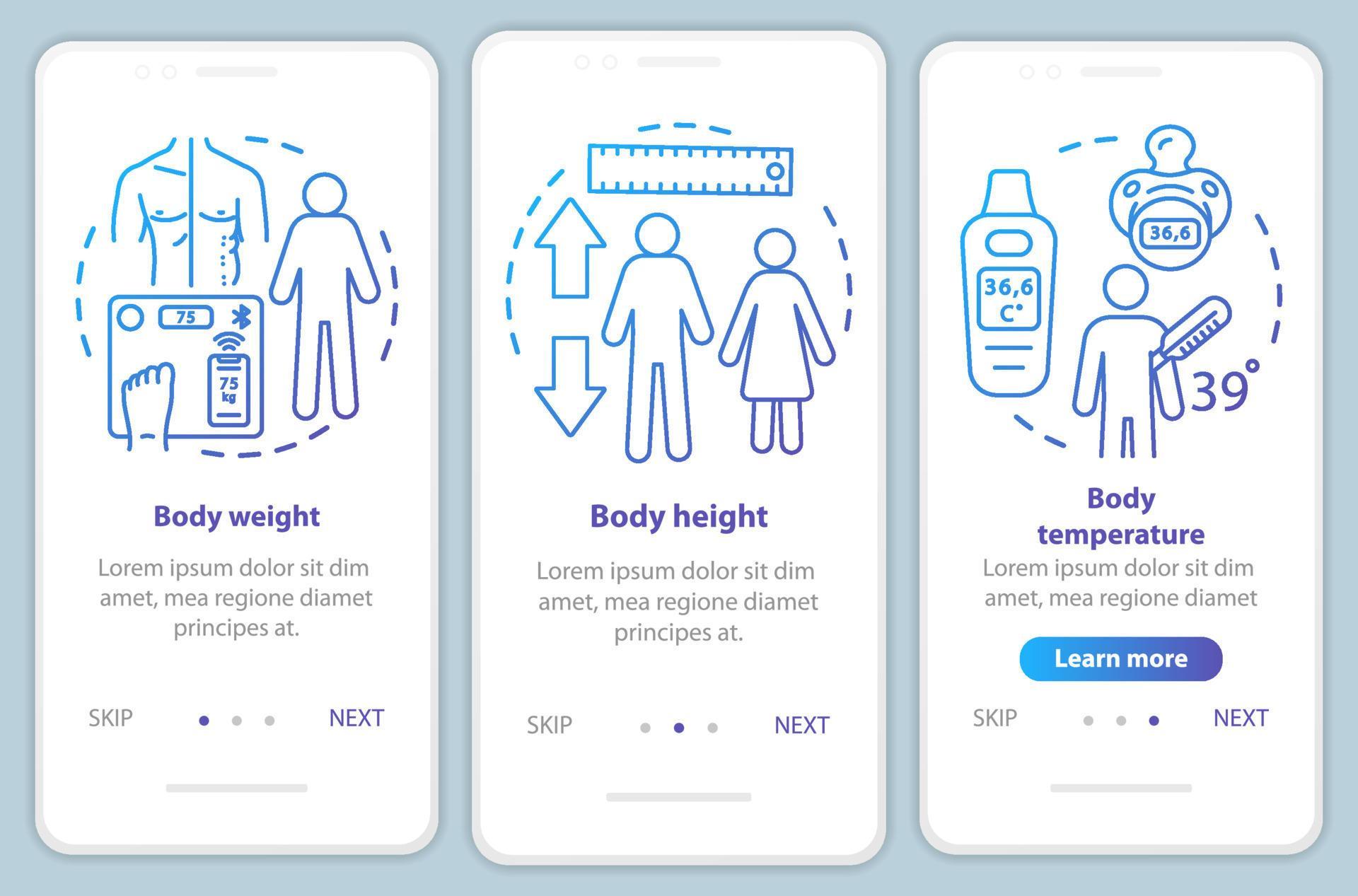 Body measurement onboarding mobile app page screen vector template ...