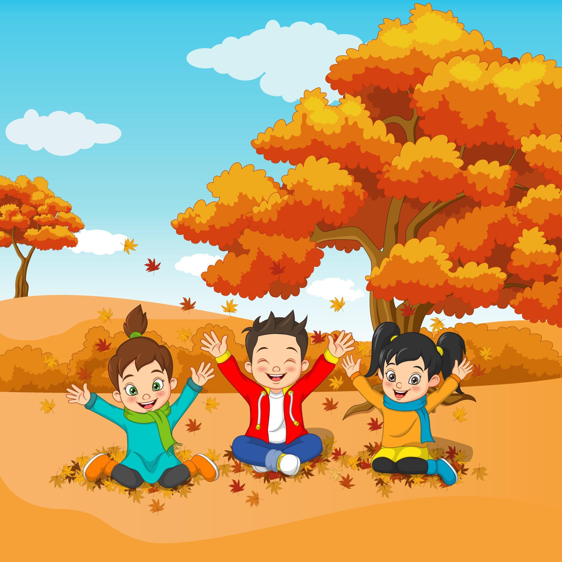 Cartoon Happy kids playing in autumn background 4991807 Vector Art at ...