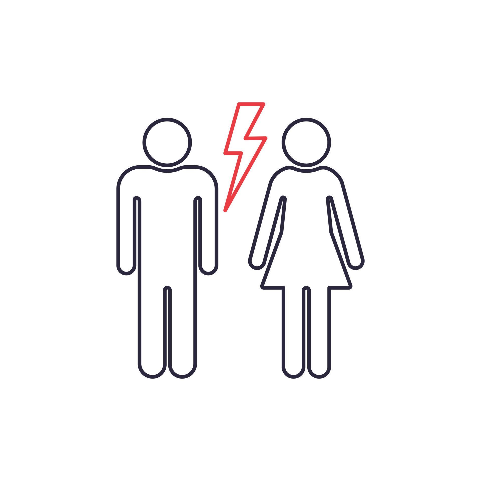 Divorced Couple Black Line Icon Of Man And Woman With Red Lightning