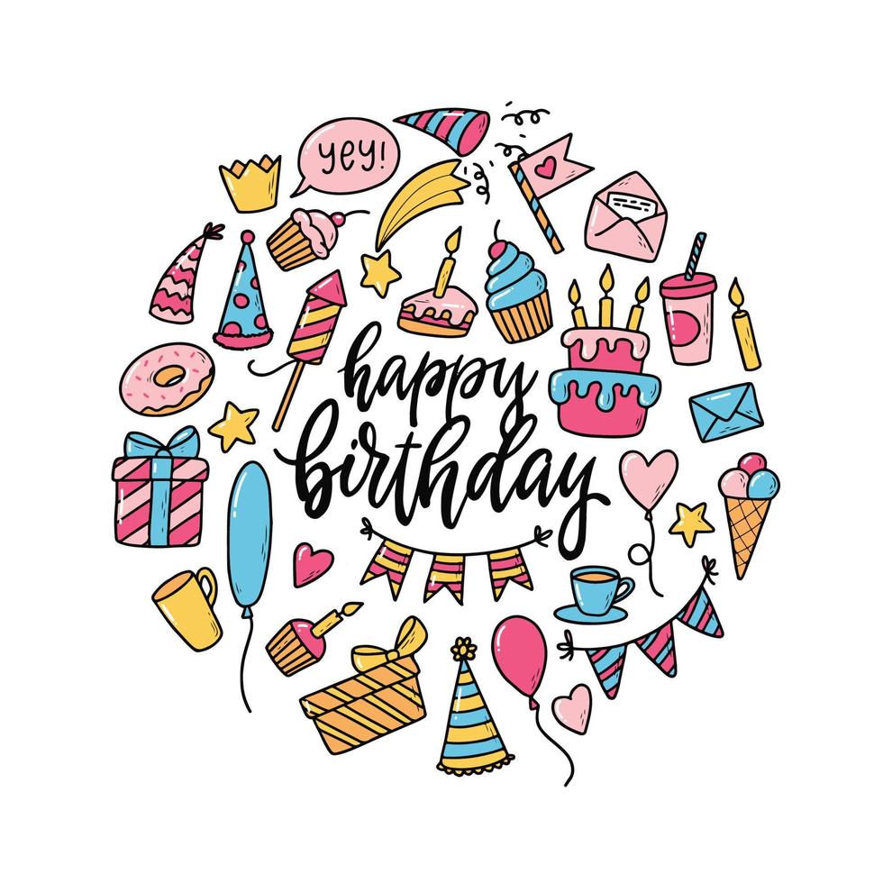 set of colorful hand drawn doodles for birthday decor. Perfect for ...