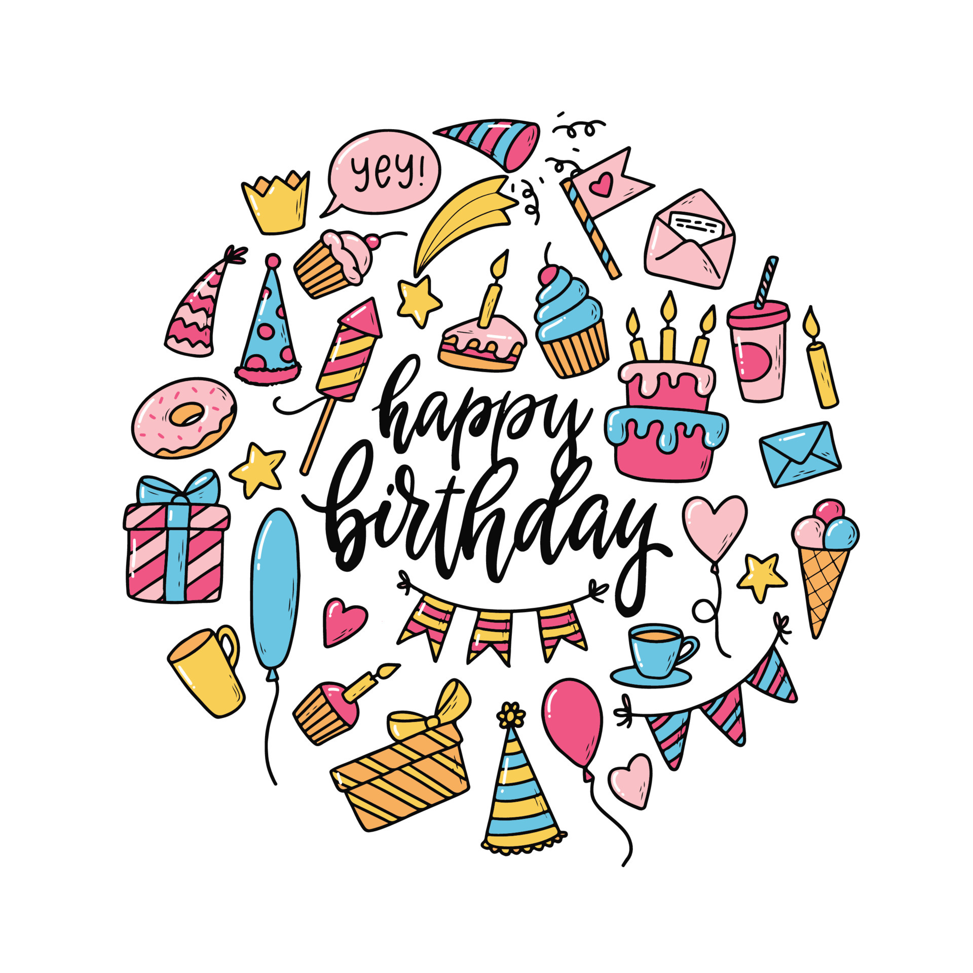 set of colorful hand drawn doodles for birthday decor. Perfect for ...