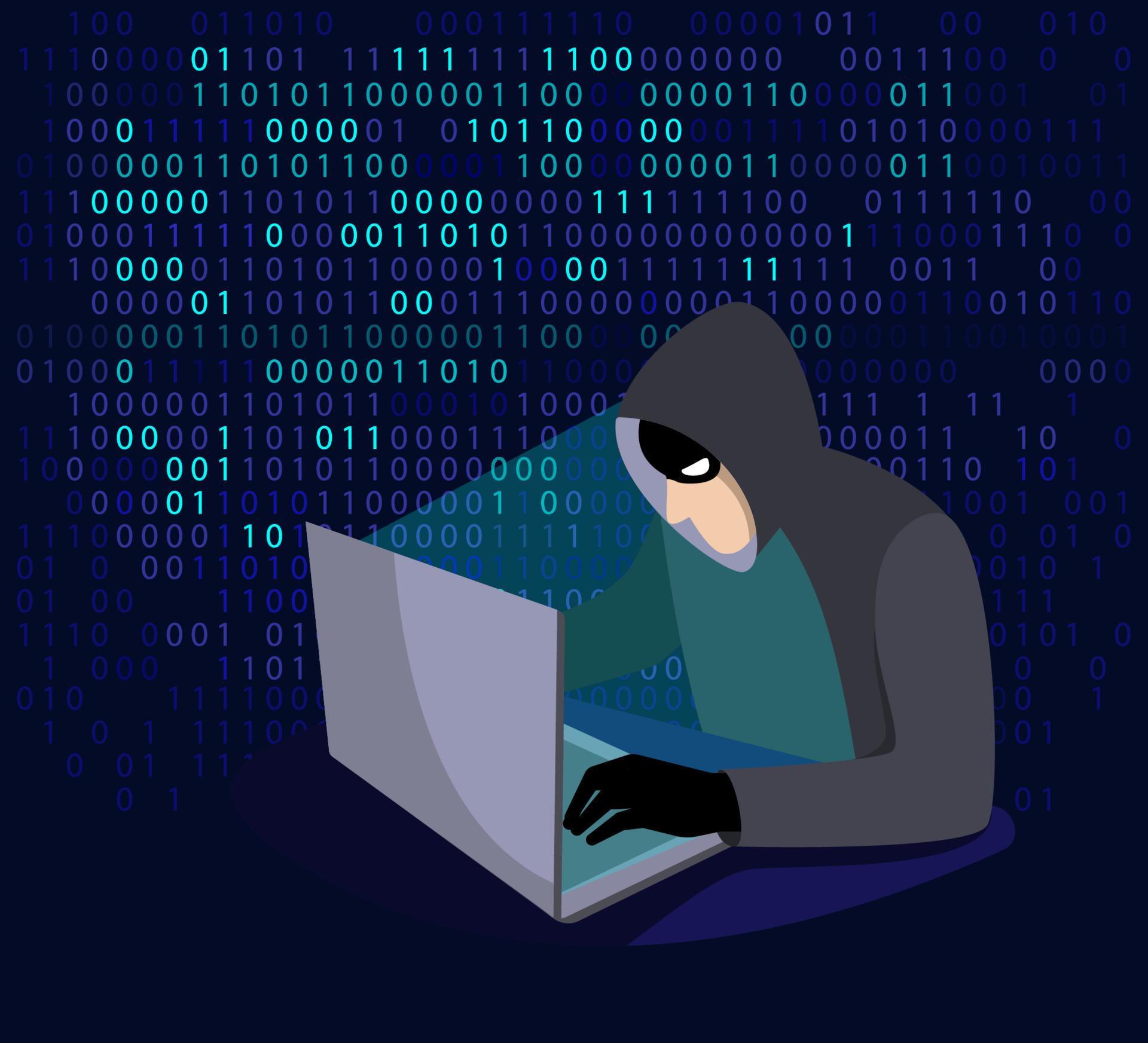 A hacker with a laptop. Web crime with password hacking and identity ...