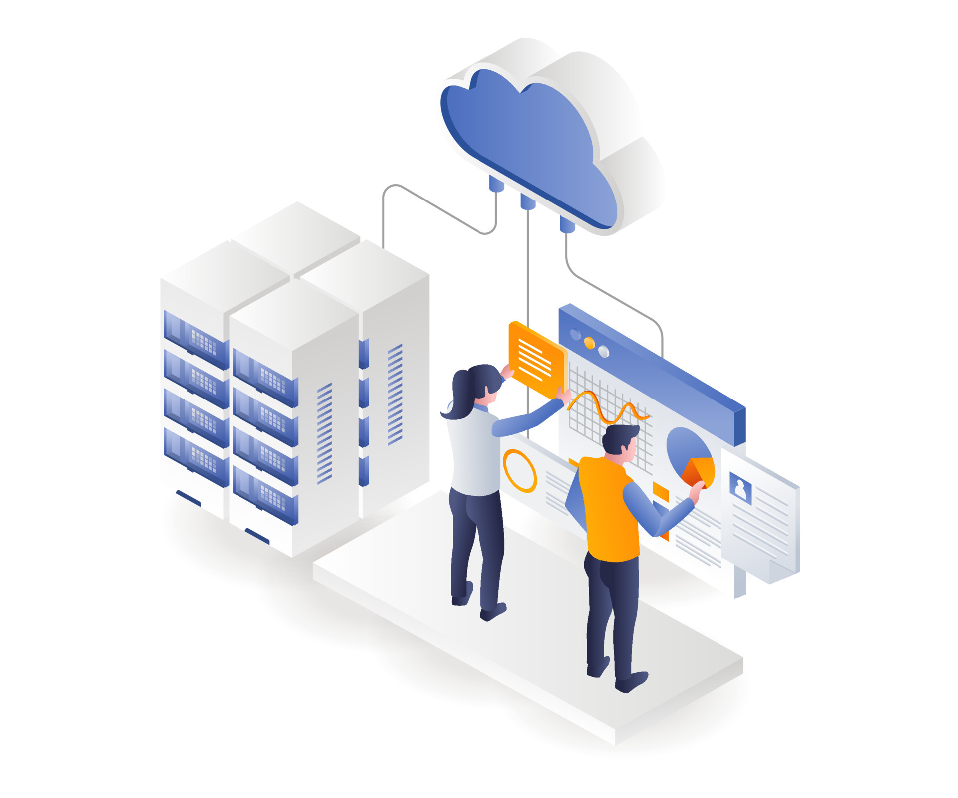 The Team Is Compiling Cloud Server Analysis Data 5005492 Vector Art At Vecteezy