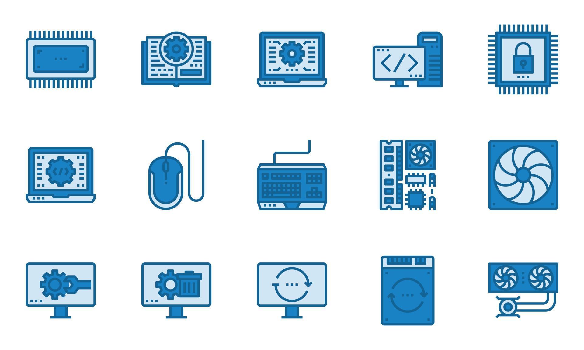 Computer Hardware Icons Blue Color, cooling system, software,laptop ...