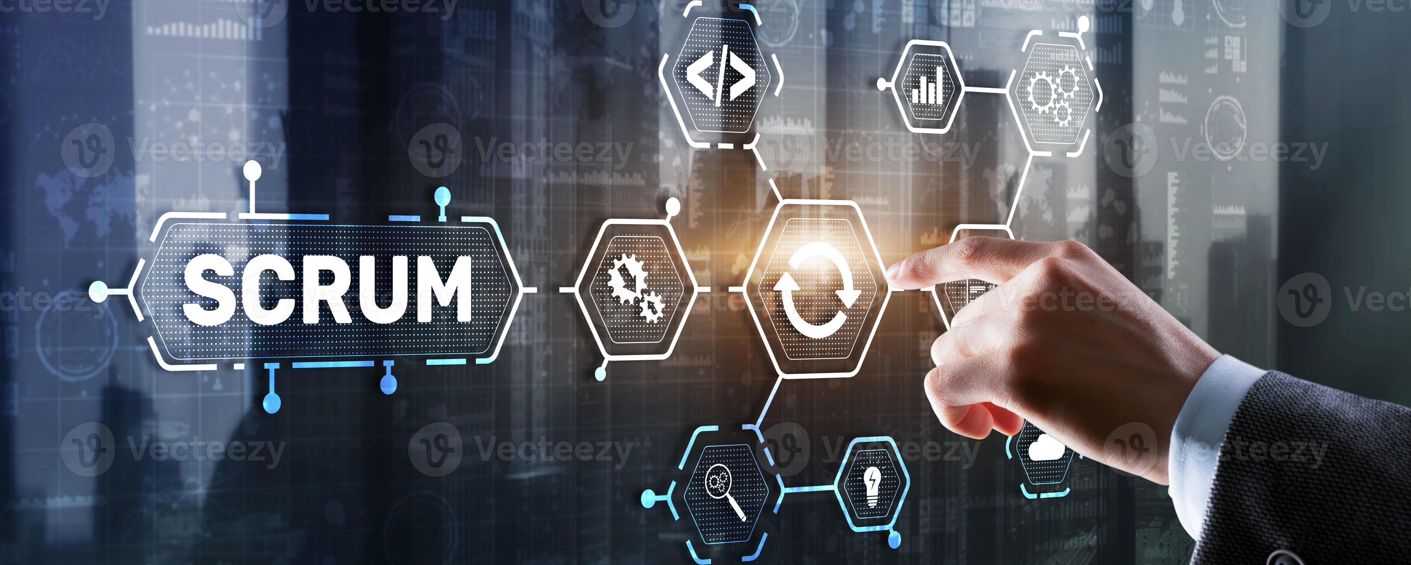 SCRUM. Hand presses the inscription scrum on a virtual panel. Agile ...