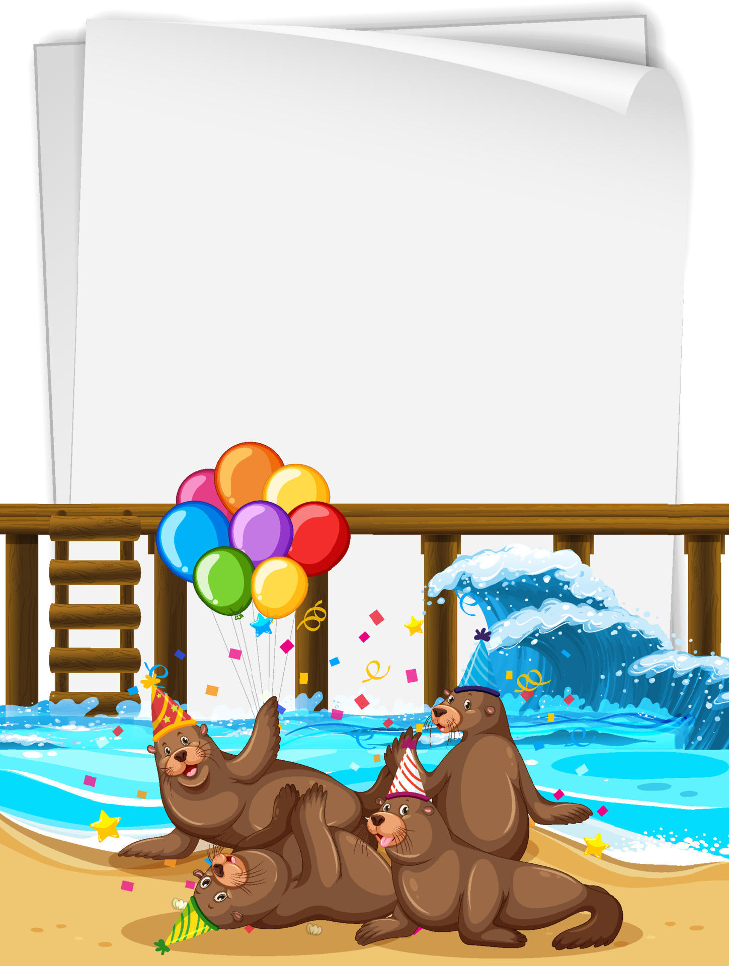 Seal lions at the beach with an empty paper 5054085 Vector Art at Vecteezy