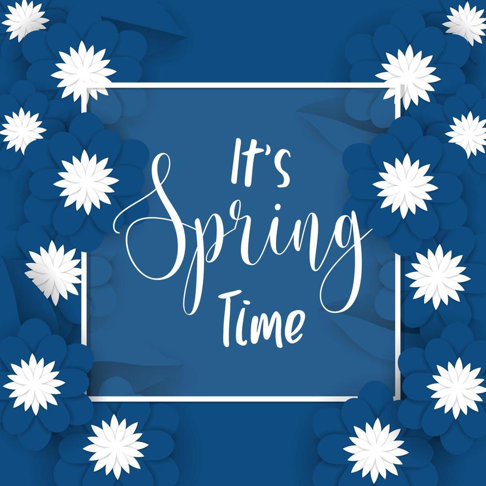 Spring background. It's spring time text with blue and white paper ...
