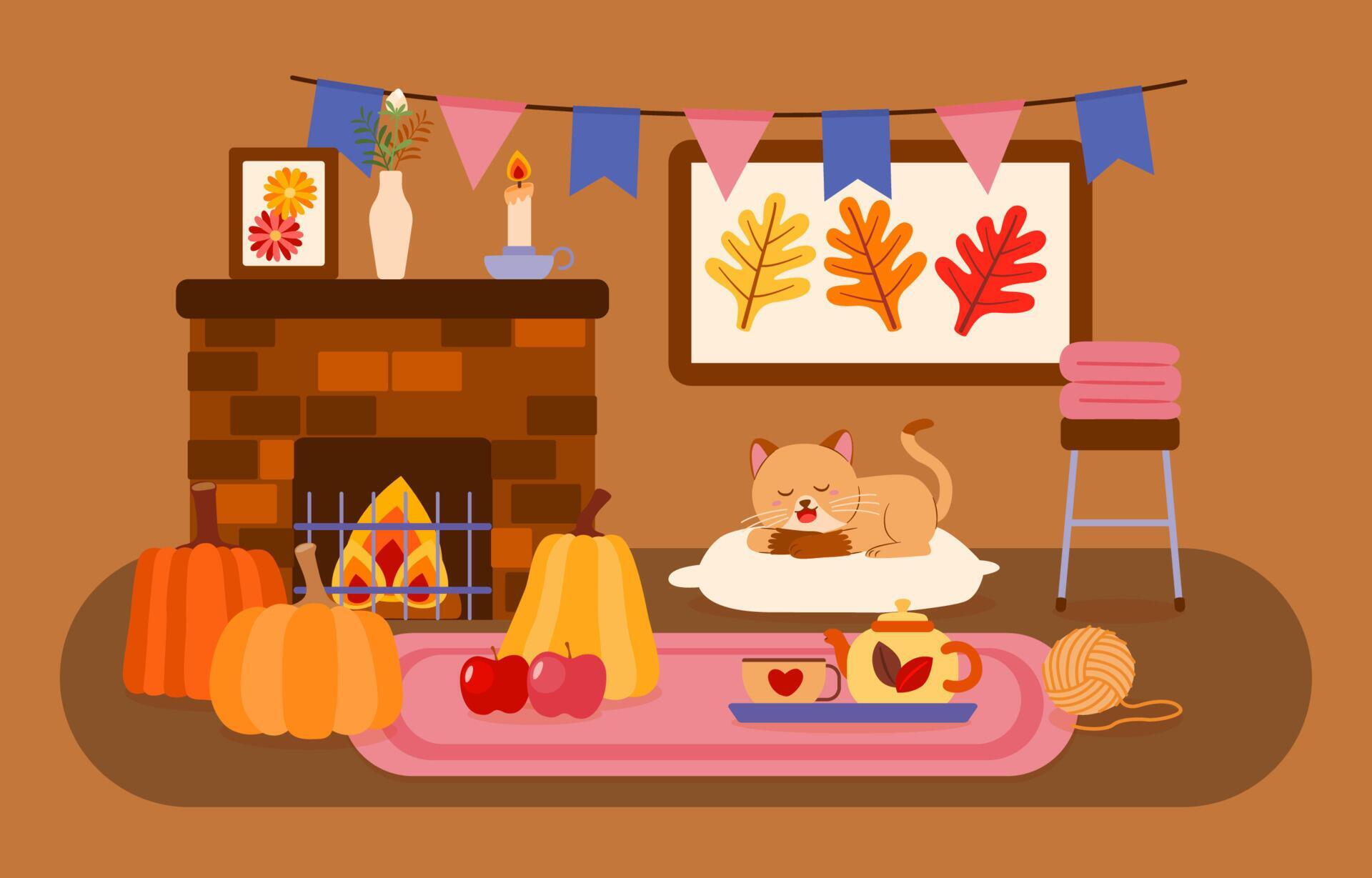 cat sleeping on cushion beside fireplace in living room 5086588 Vector ...