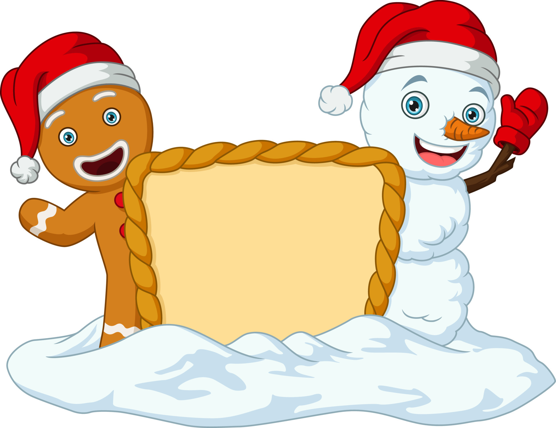 Cute snowman and gingerbread man with blank board sign 5112626 Vector ...