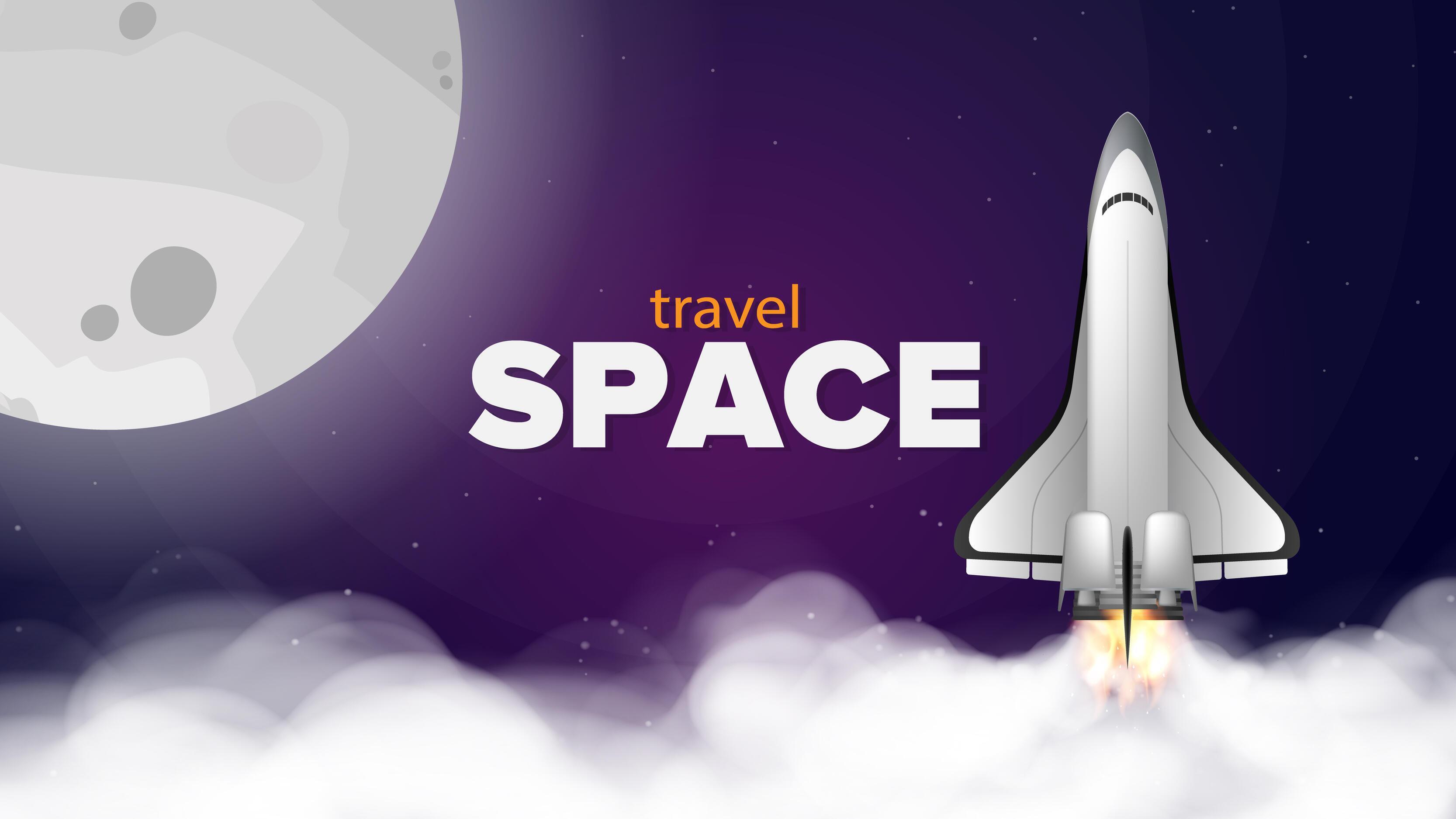 Travel space. Purple banner on the theme of space flight. Space shuttle ...